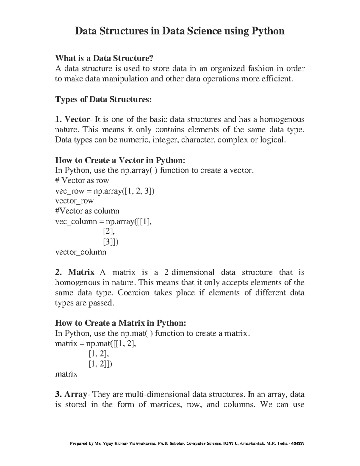 Data Structures In Data Science Vijay Kumar Vishwakarma Ph Scholar Computer Science Igntu