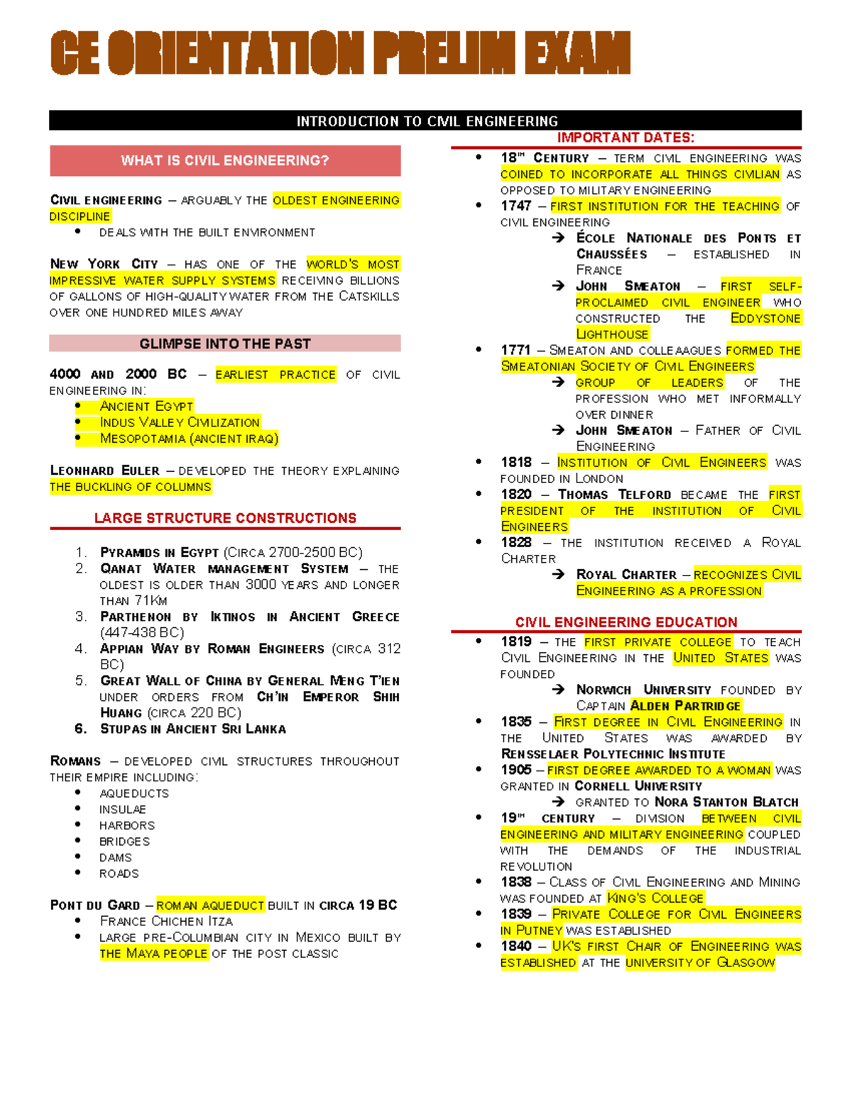 CE Orient Prelim Reviewer - CE ORIENTATION PRELIM EXAM INTRODUCTION TO ...