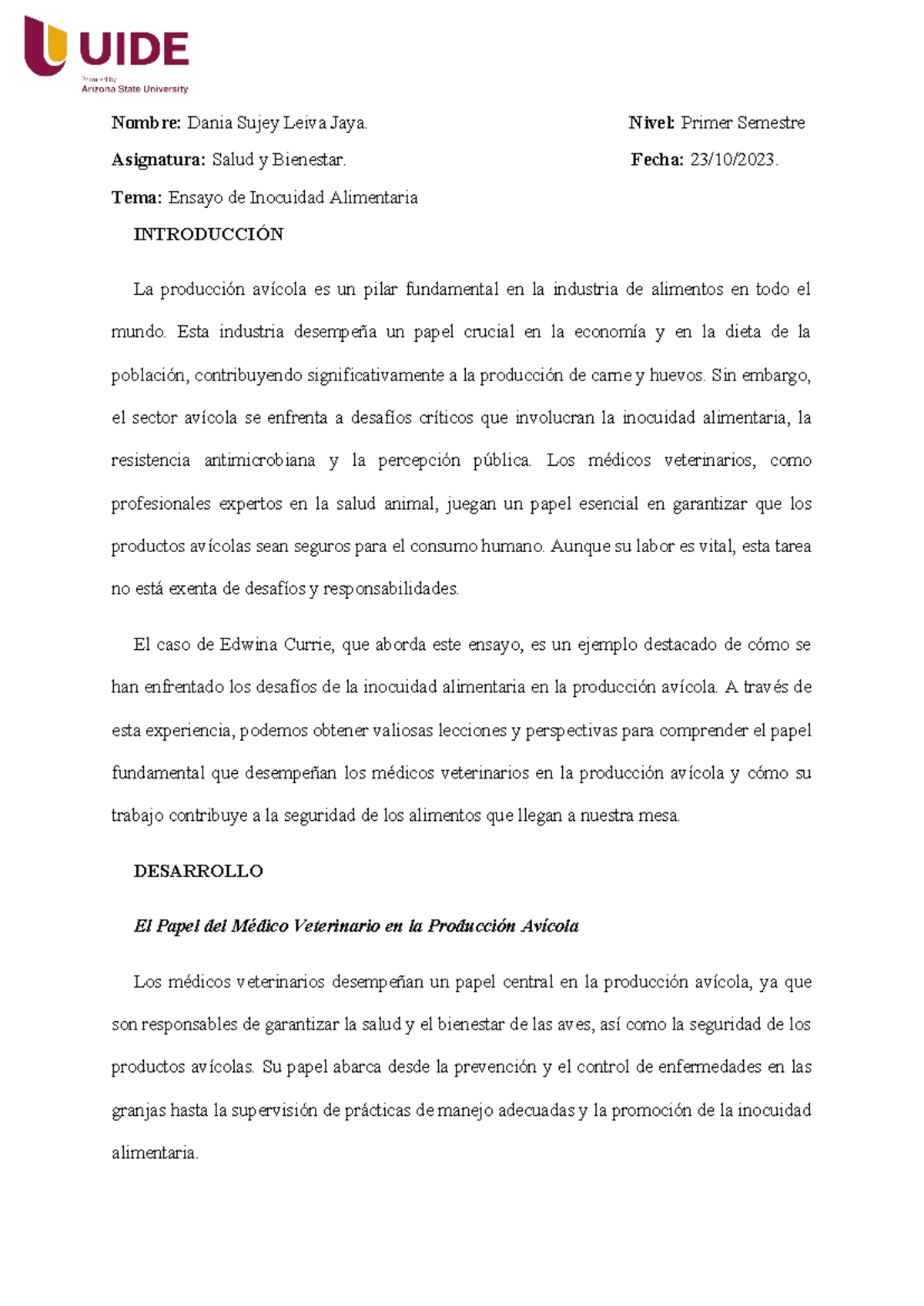 Deber Salud y Bienestar - Nombre: Dania Sujey Leiva Jaya. Nivel: Primer ...