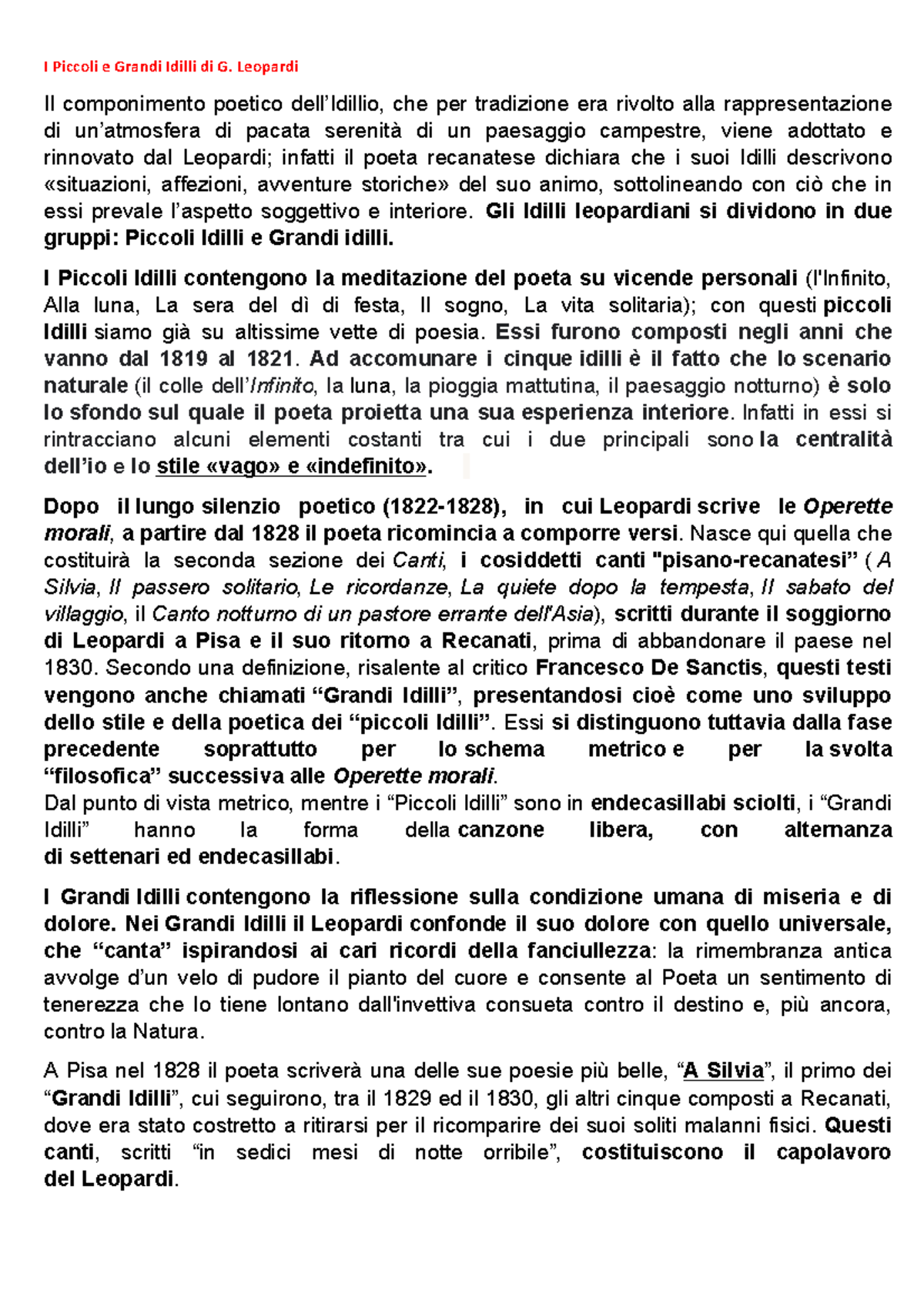 Idilli - Leopardi Il componimento poetico dell’Idillio, che per ...