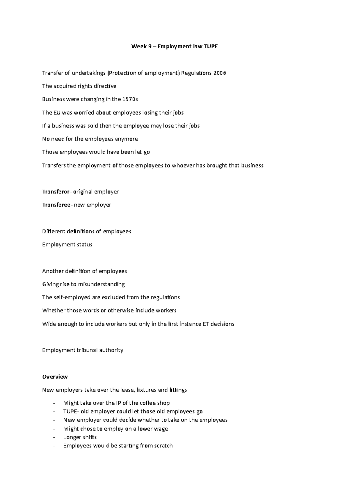 Week 9 employment TUPE - tupe - Week 9 – Employment law TUPE Transfer ...