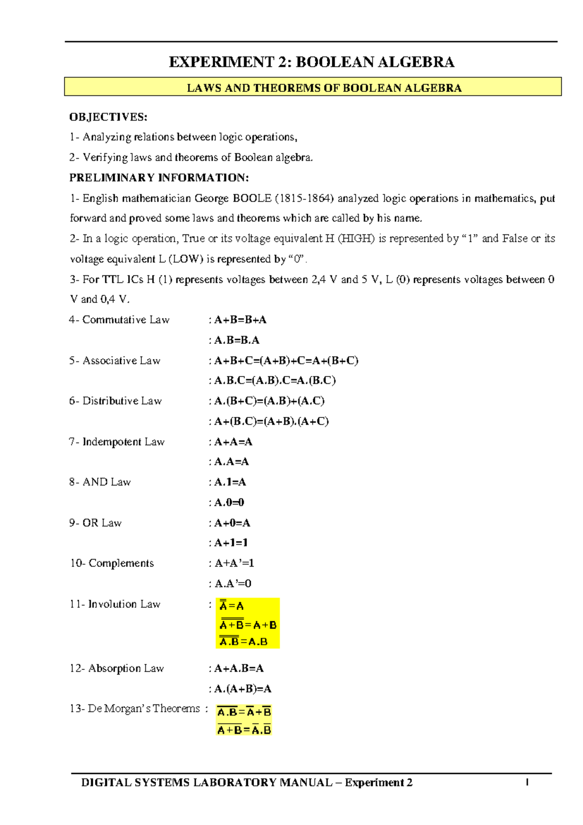 Report 2 Digital Systems Lab - EXPERIMENT 2: BOOLEAN ALGEBRA OBJECTIVES: 1- Analyzing relations ...