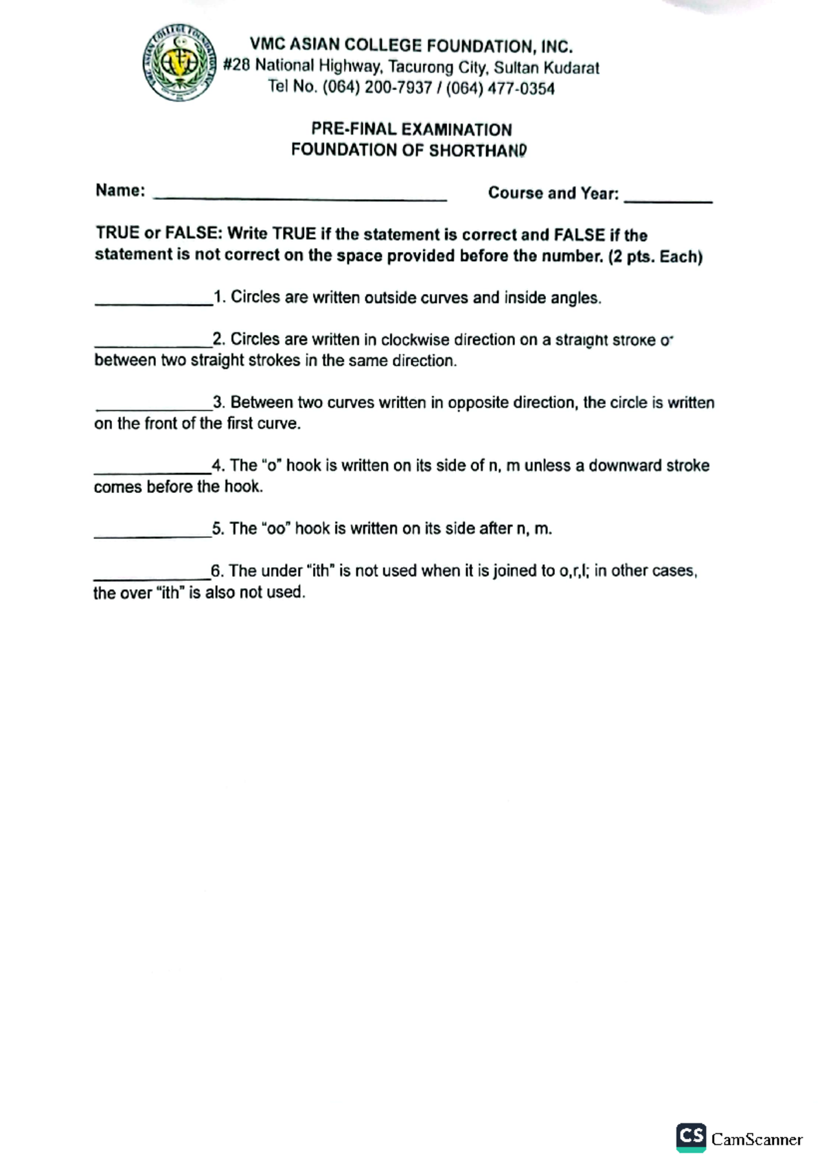Foundation-Shorthand - Accounting I - CamScanner CamScanner - Studocu