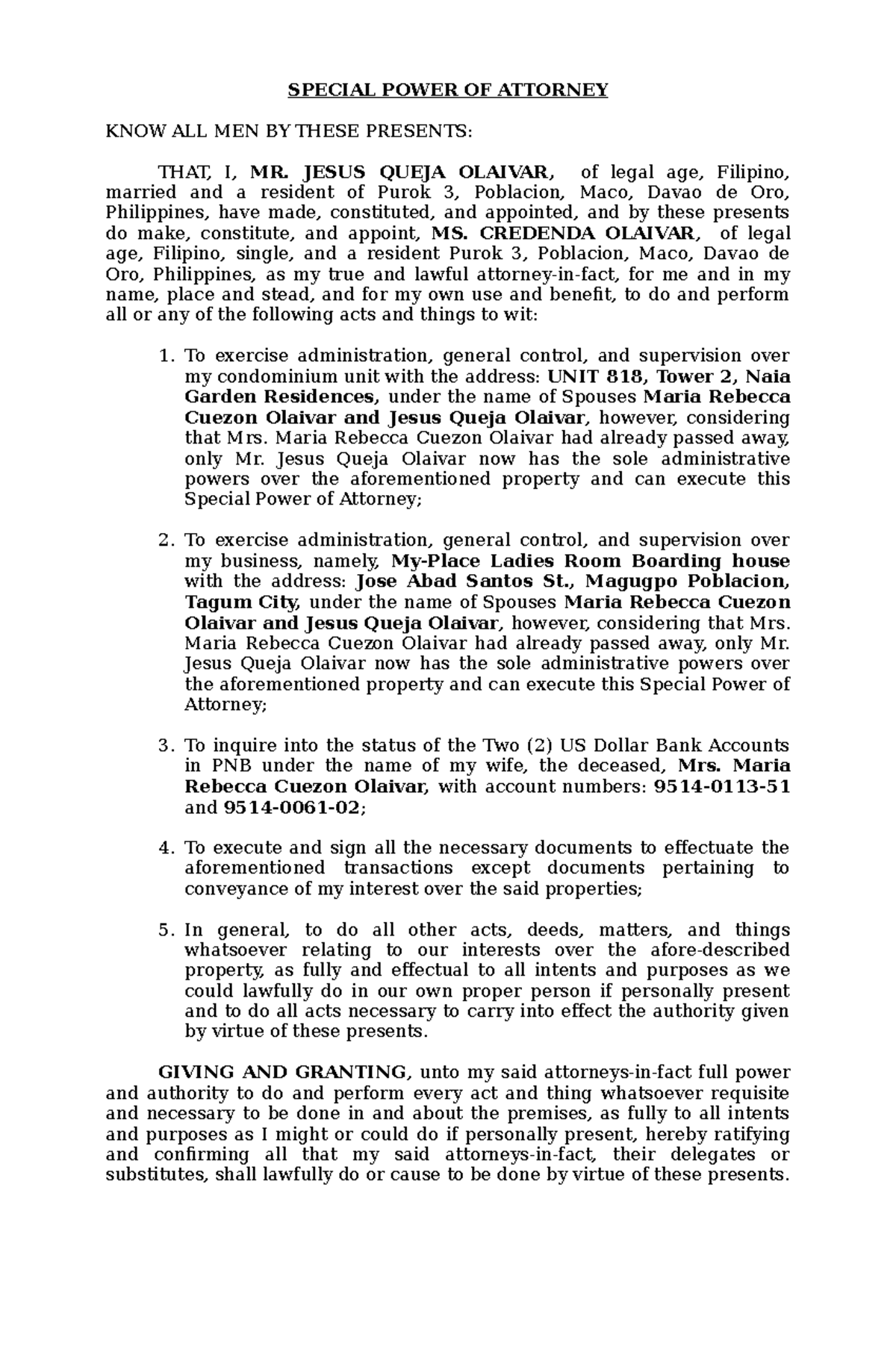 Olaivar SPA - Special Power of Attorney Sample for Draft purposes ...