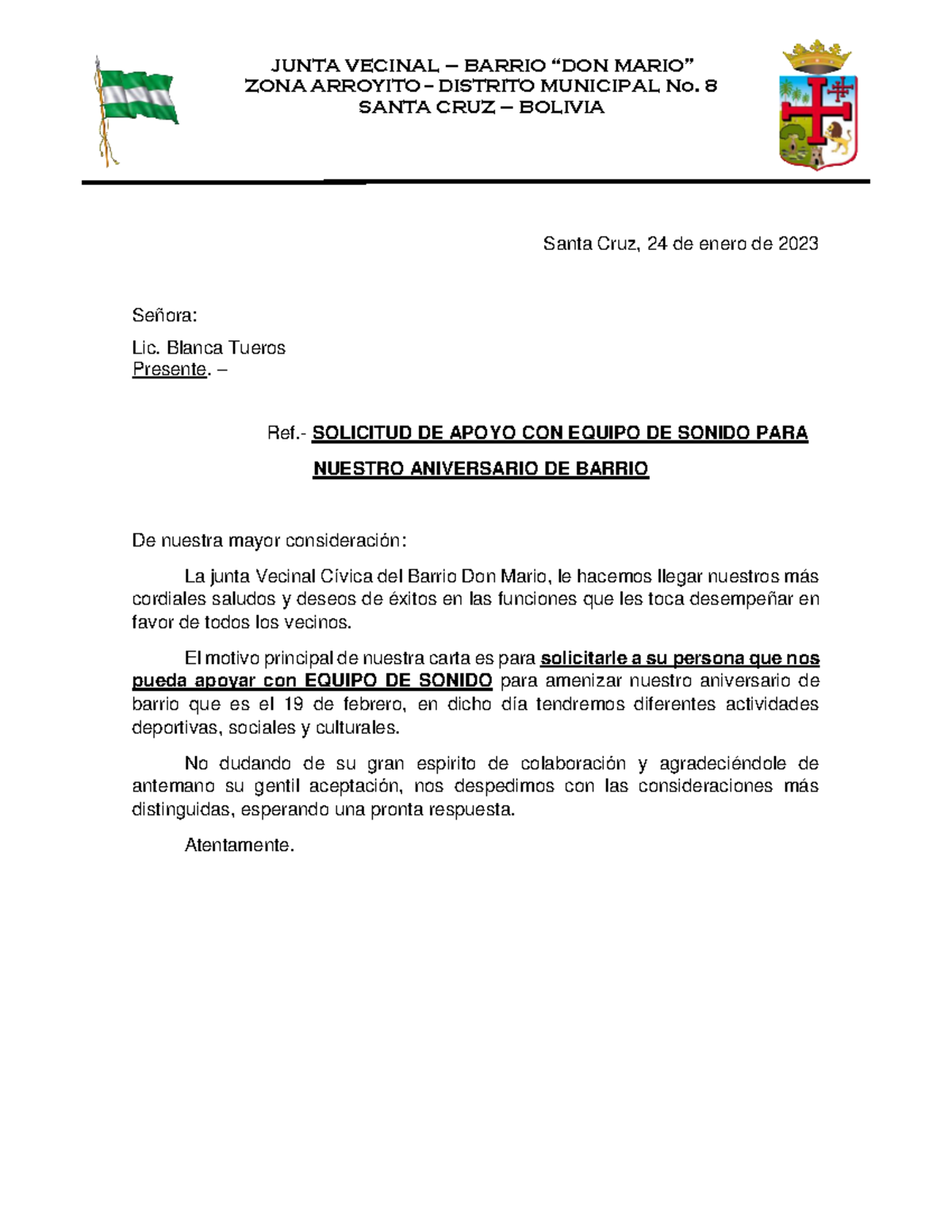Cartas - JUNTA VECINAL – BARRIO “DON MARIO” ZONA ARROYITO - DISTRITO MUNICIPAL No. 8 SANTA CRUZ ...