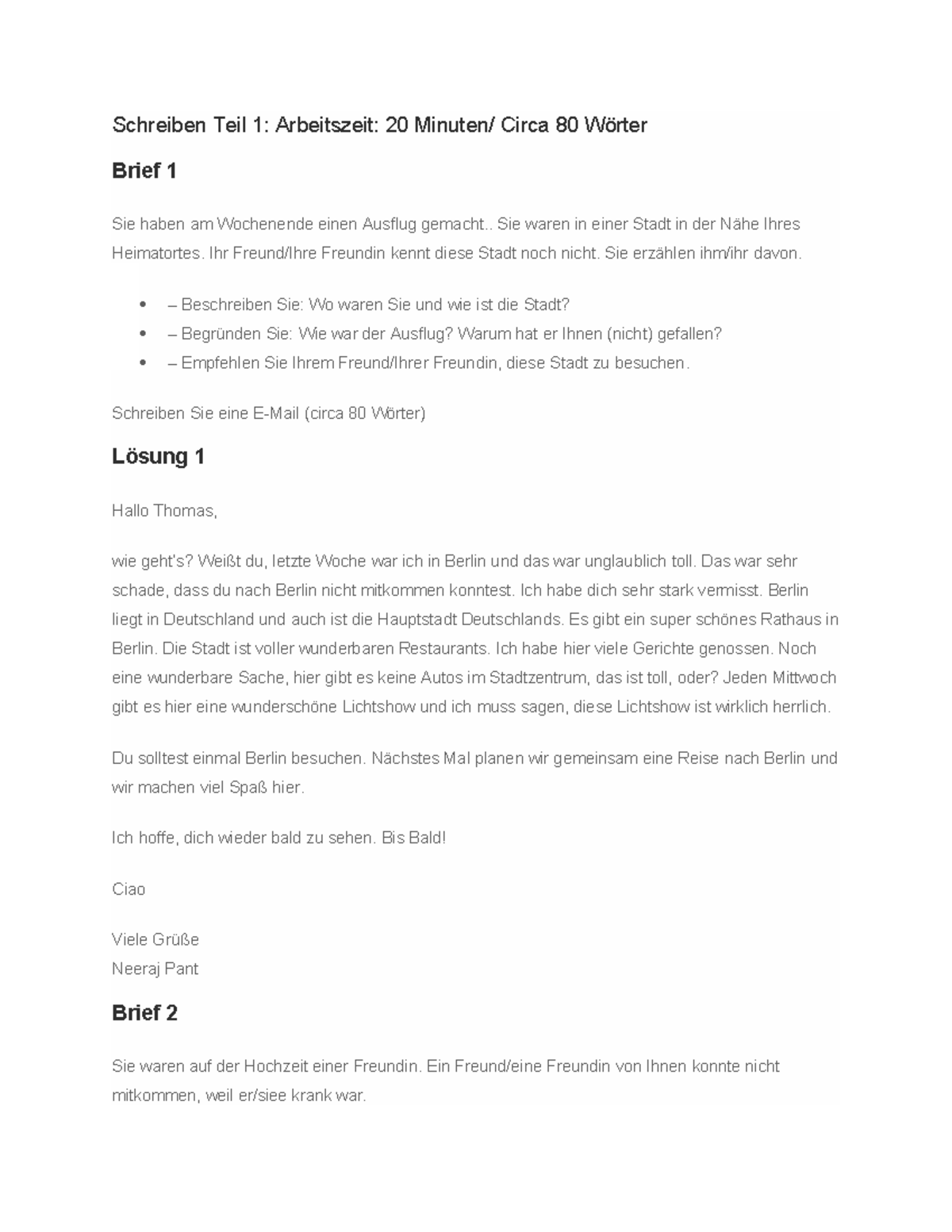 German language Briefs B1 - Schreiben Teil 1: Arbeitszeit: 20 Minuten ...
