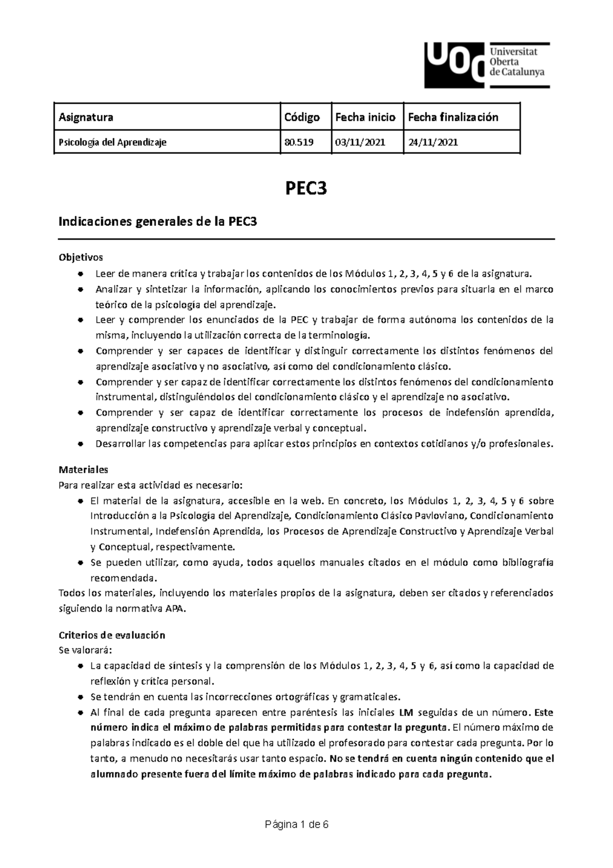 Pec 3 psicologia del aprendizaje - UOC - Studocu