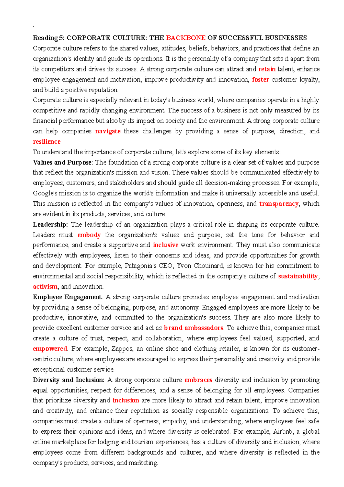 Unit 5 - CORPORATE CULTURE: THE BACKBONE OF SUCCESSFUL BUSINESSES ...