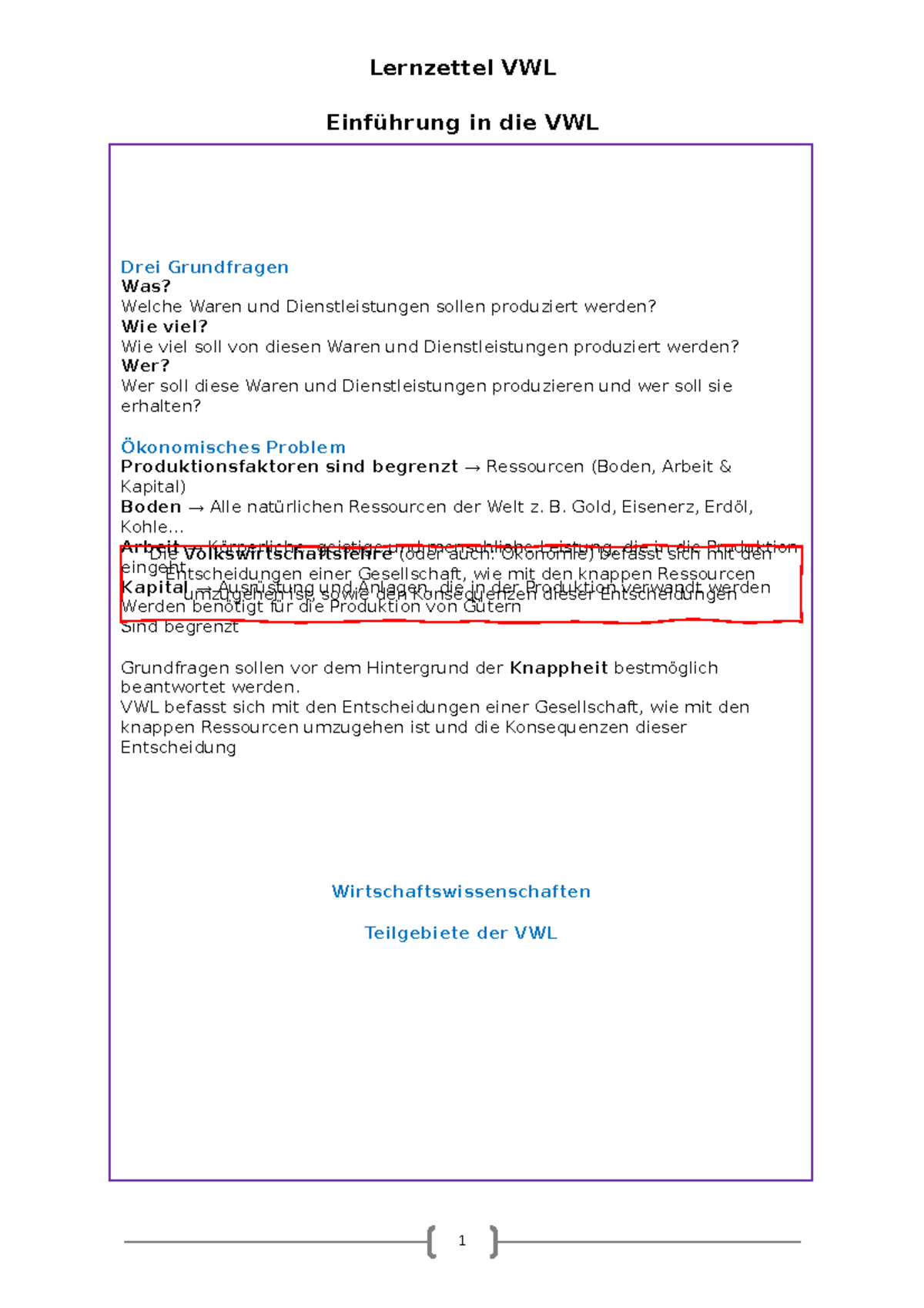 1. Semester Lernzettel Einführung in die Volkswirtschaftslehre - Einführung in die VWL Drei ...