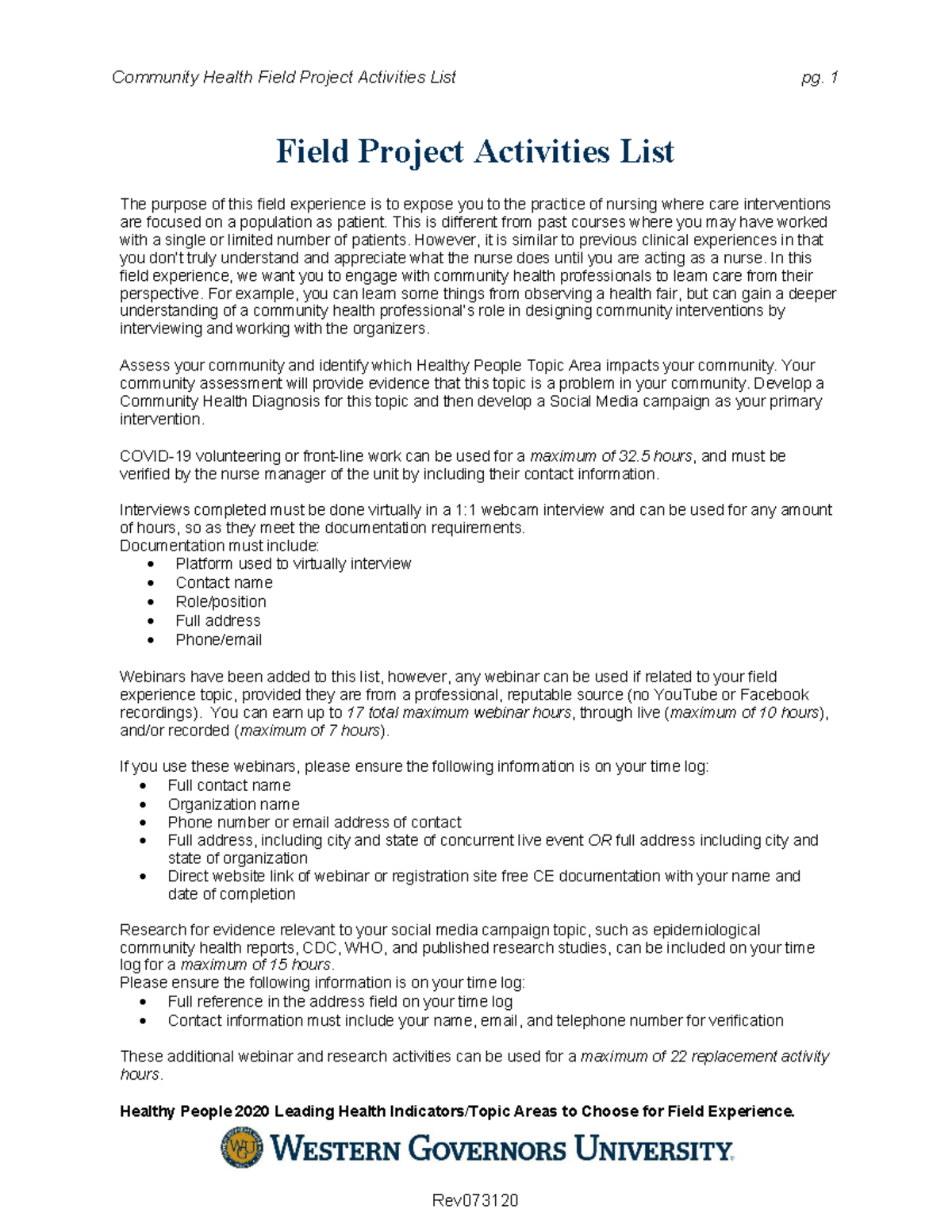Field Experience Activities List project - Field Project Activities ...