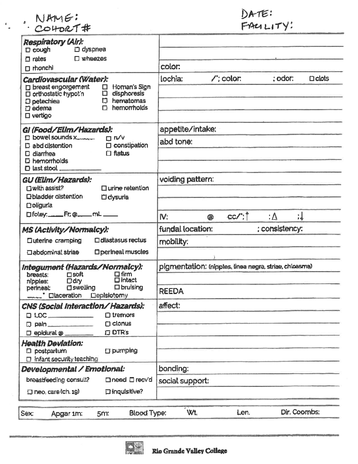 OB Head to Toe - assessment - NAME: DATE: FAY LITY: Respiratory (Air ...