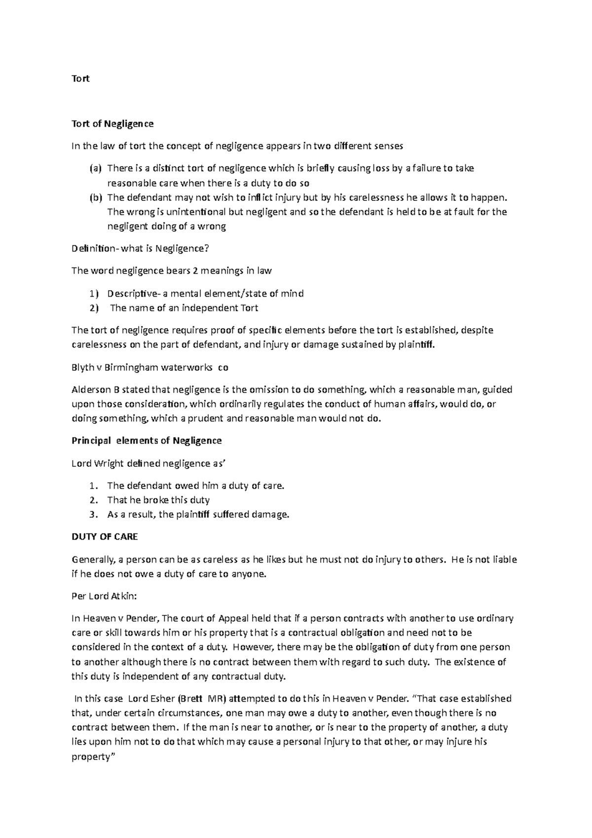 Negligence 1 - tutorial work - Tort Tort of Negligence In the law of ...