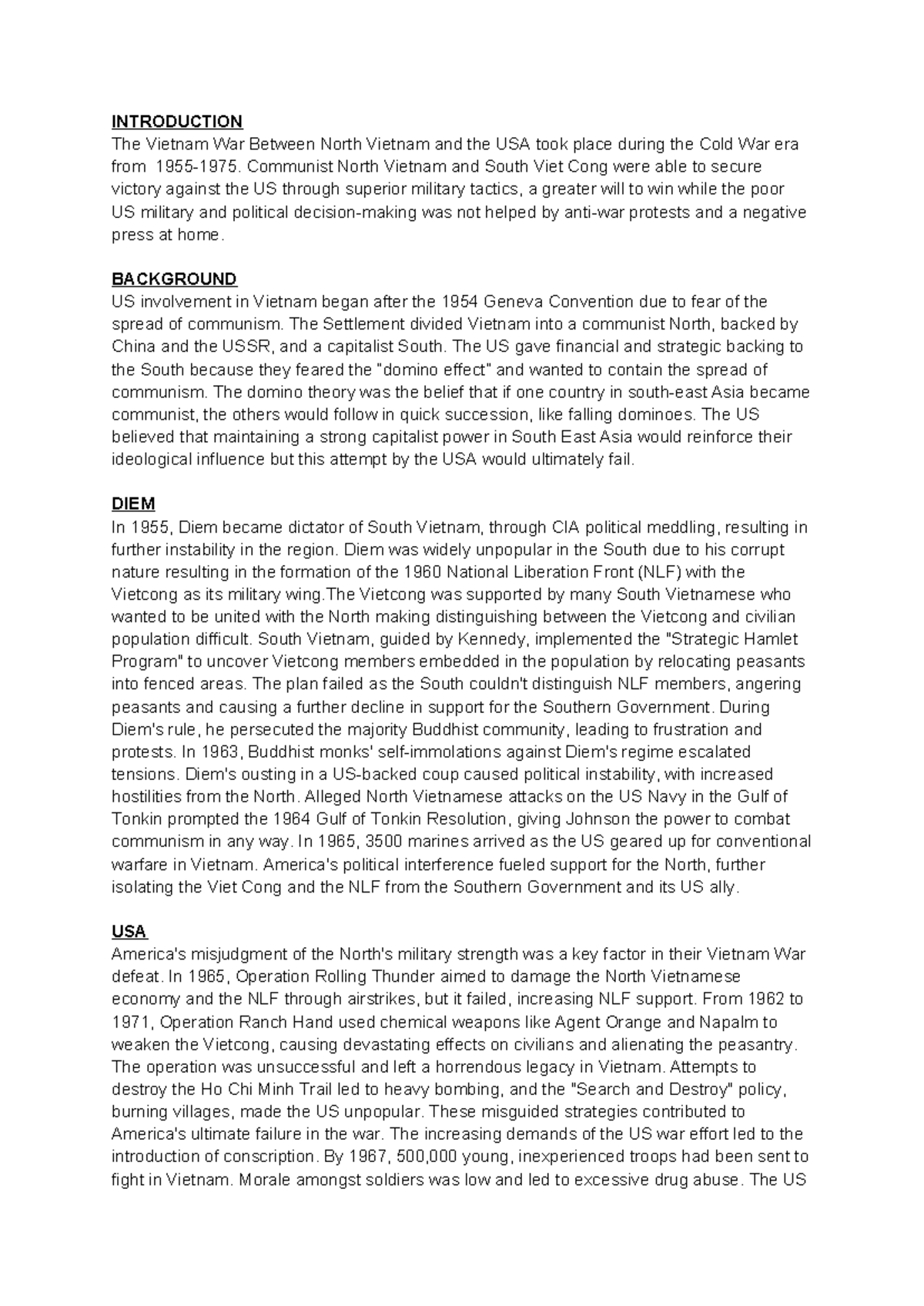 Vietnam Essay (extension of CW) - INTRODUCTION The Vietnam War Between ...