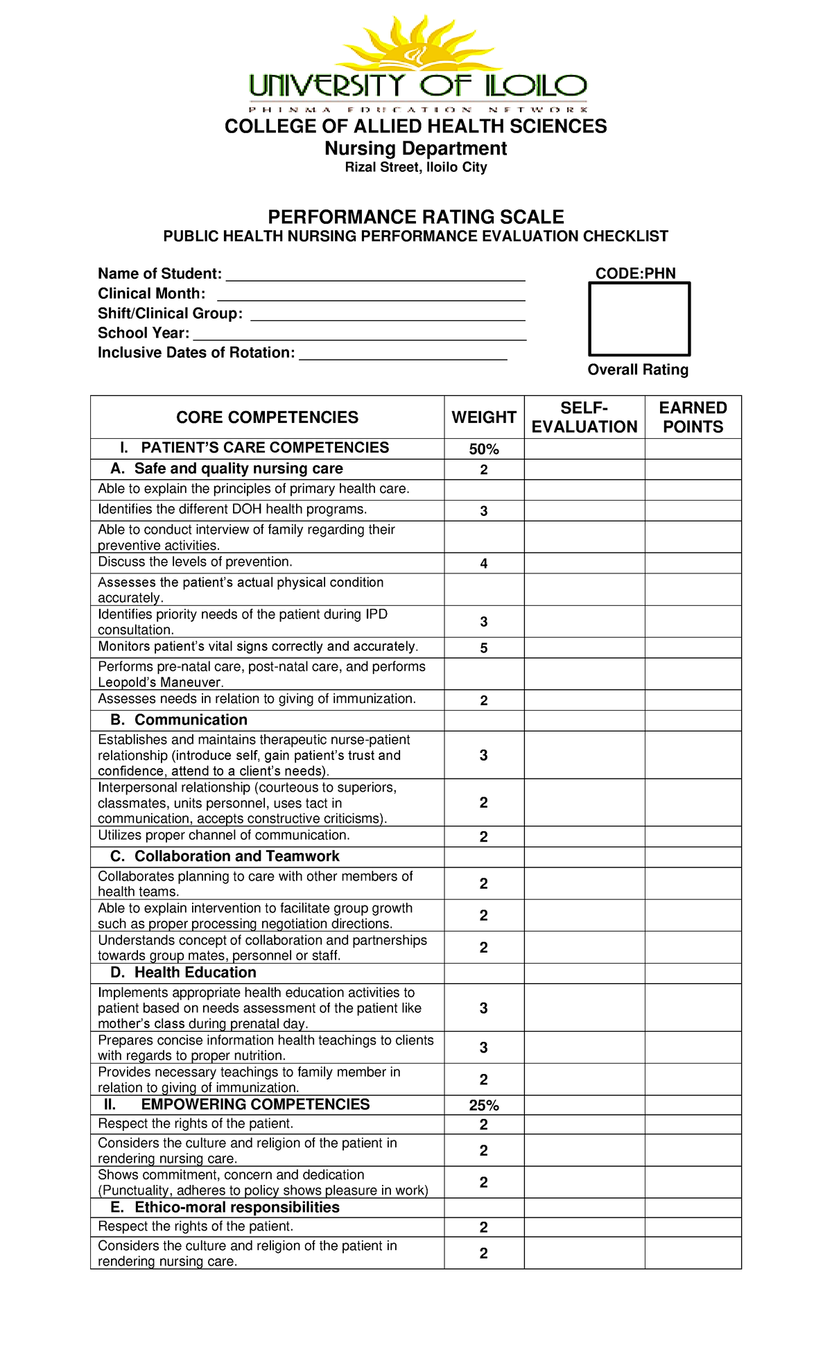 CHN Perfomance Rating Scale - COLLEGE OF ALLIED HEALTH SCIENCES Nursing ...