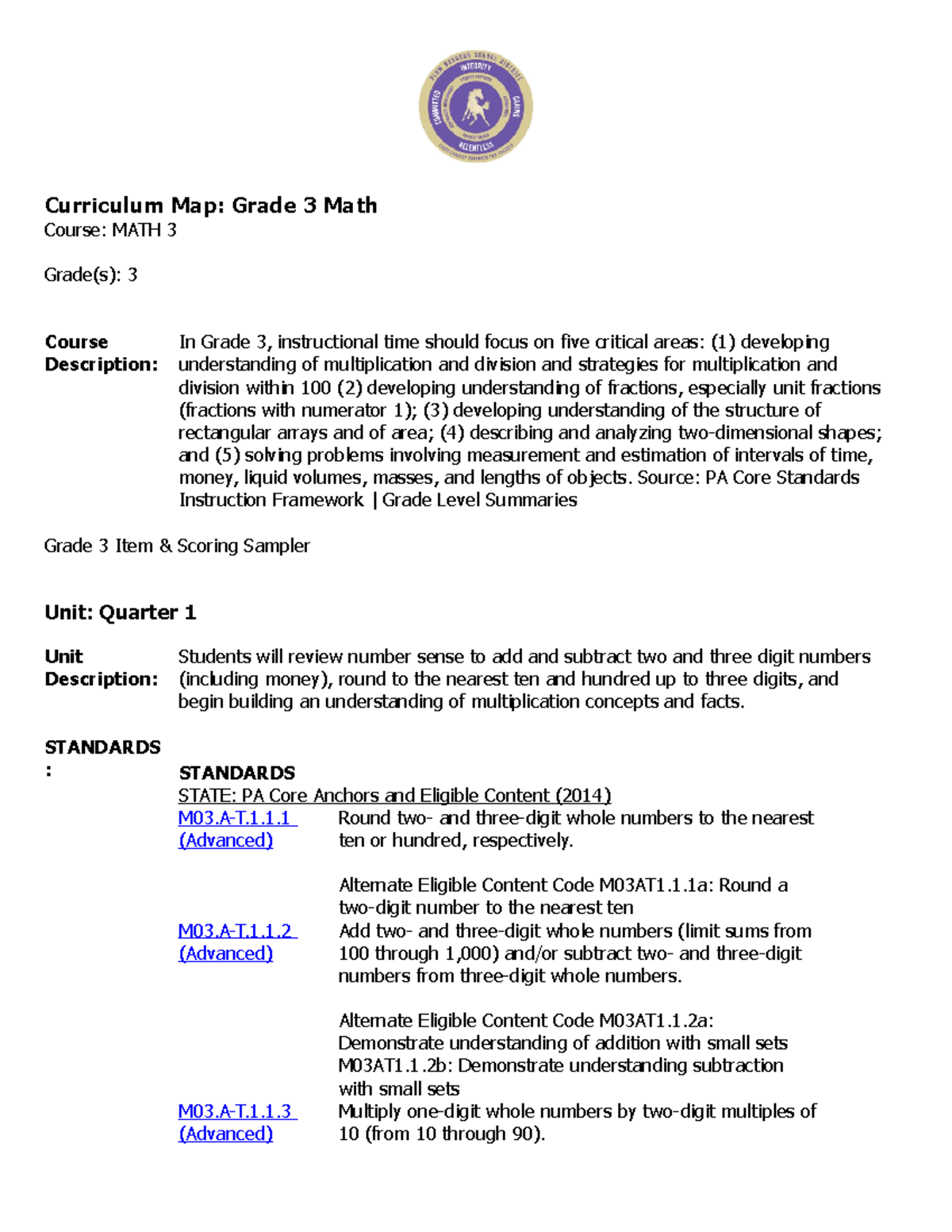 Math Grade 3 Curriculum Map - Curriculum Map: Grade 3 Math Course: MATH ...
