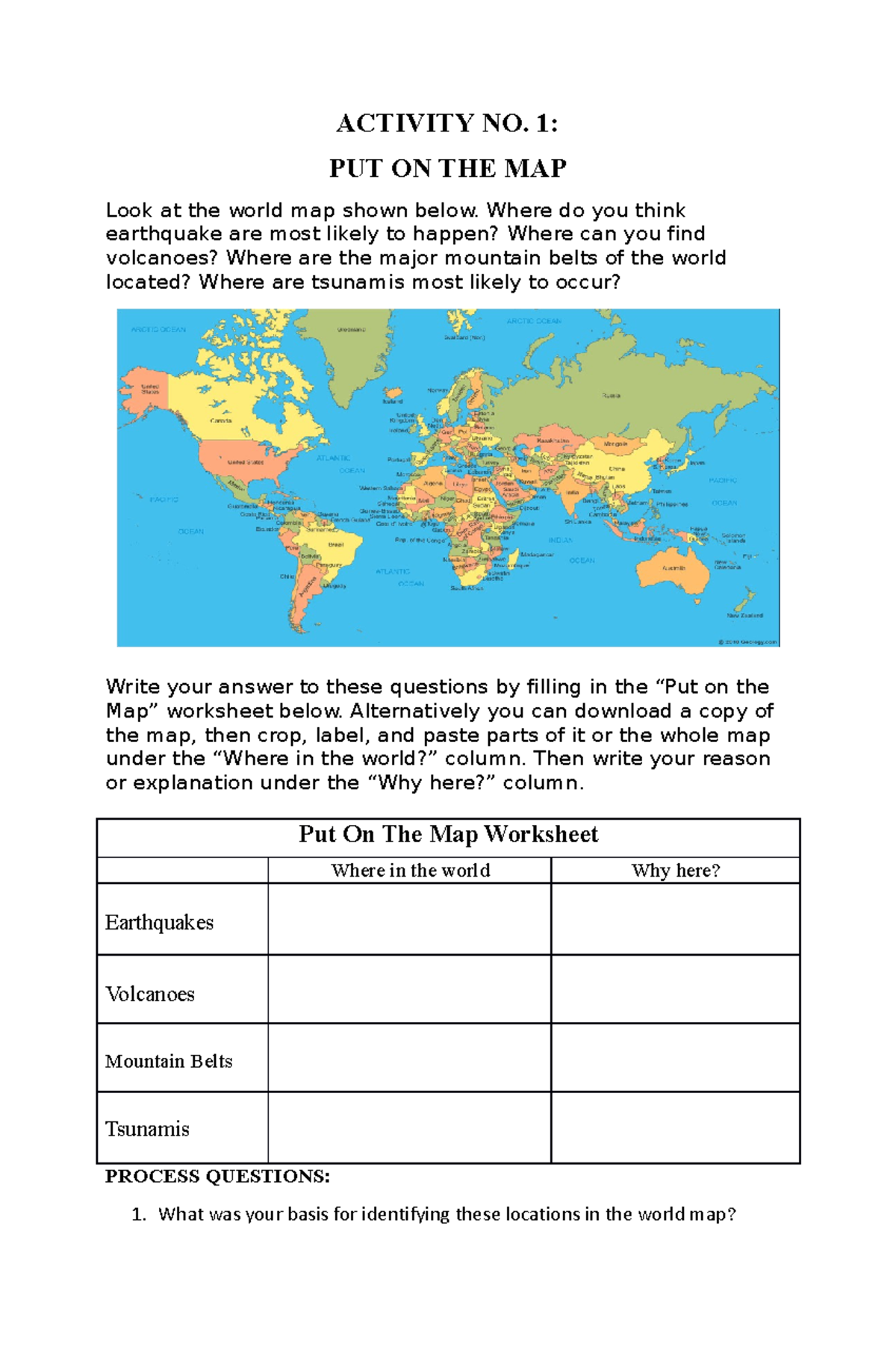 Earth-and-Space - dfgrw - ACTIVITY NO. 1: PUT ON THE MAP Look at the ...