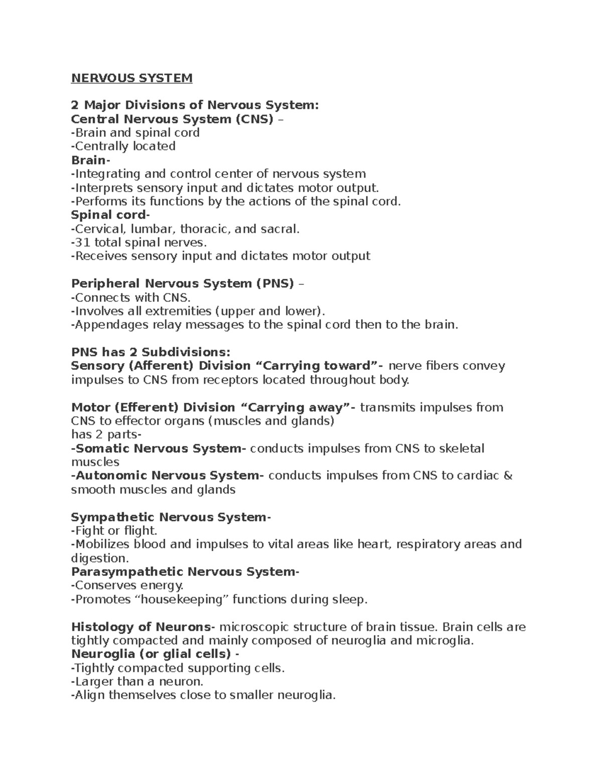 Nervous System - Lecture notes 7-10 - NERVOUS SYSTEM 2 Major Divisions ...