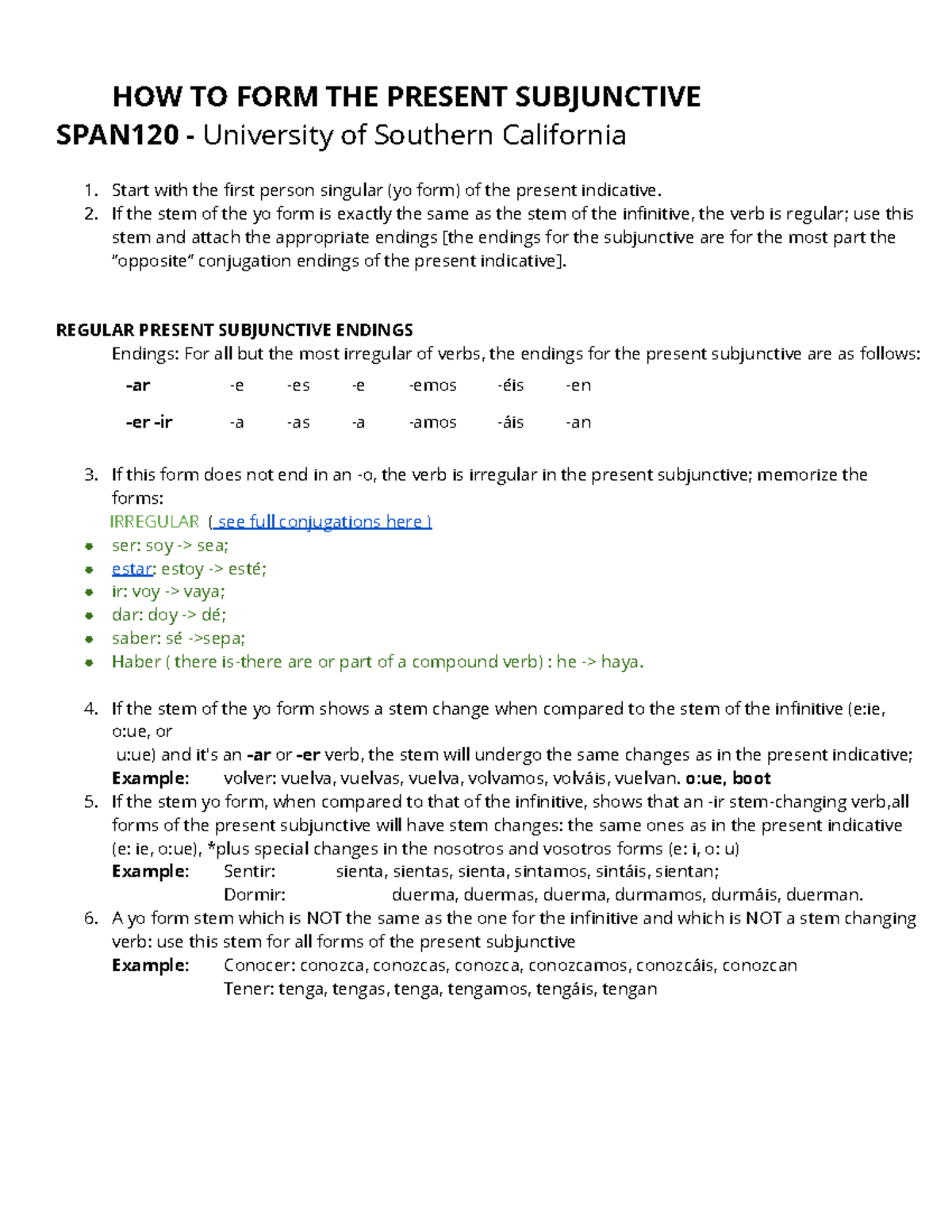 SPAN 120 - Spanish notes - HOW TO FORM THE PRESENT SUBJUNCTIVE SPAN120 ...