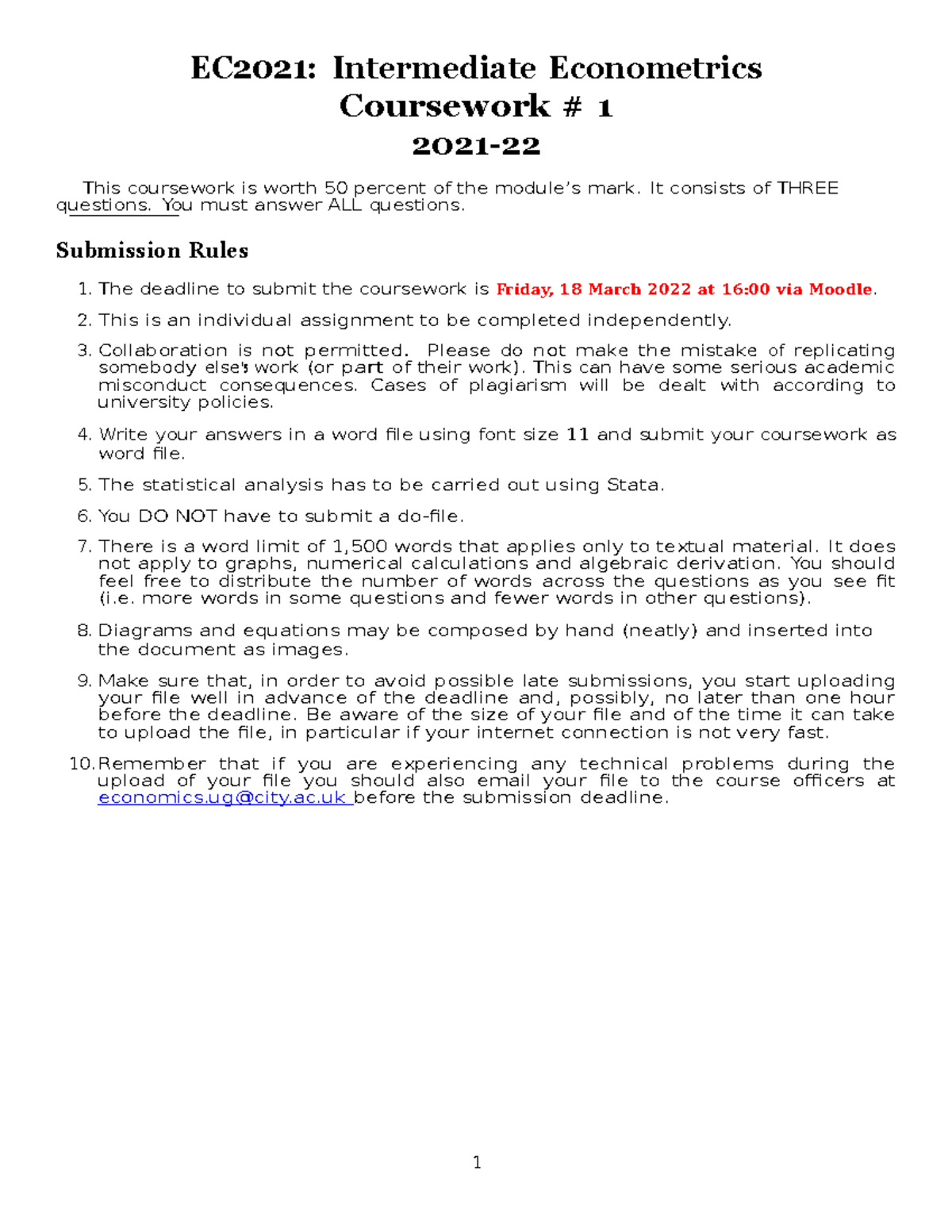 Coursework EC2021 Main - 1 EC2021: Intermediate Econometrics Coursework # 1 2021- This ...