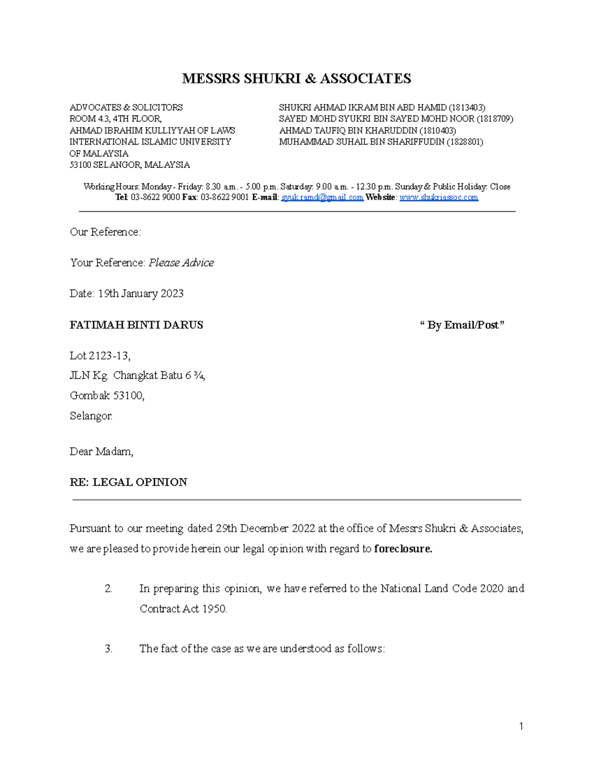 Legal Opinion - Sample for Student - MESSRS SHUKRI & ASSOCIATES ...