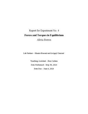 Lab Report for #4 Forces and Torques in Equilibrium - Report for ...