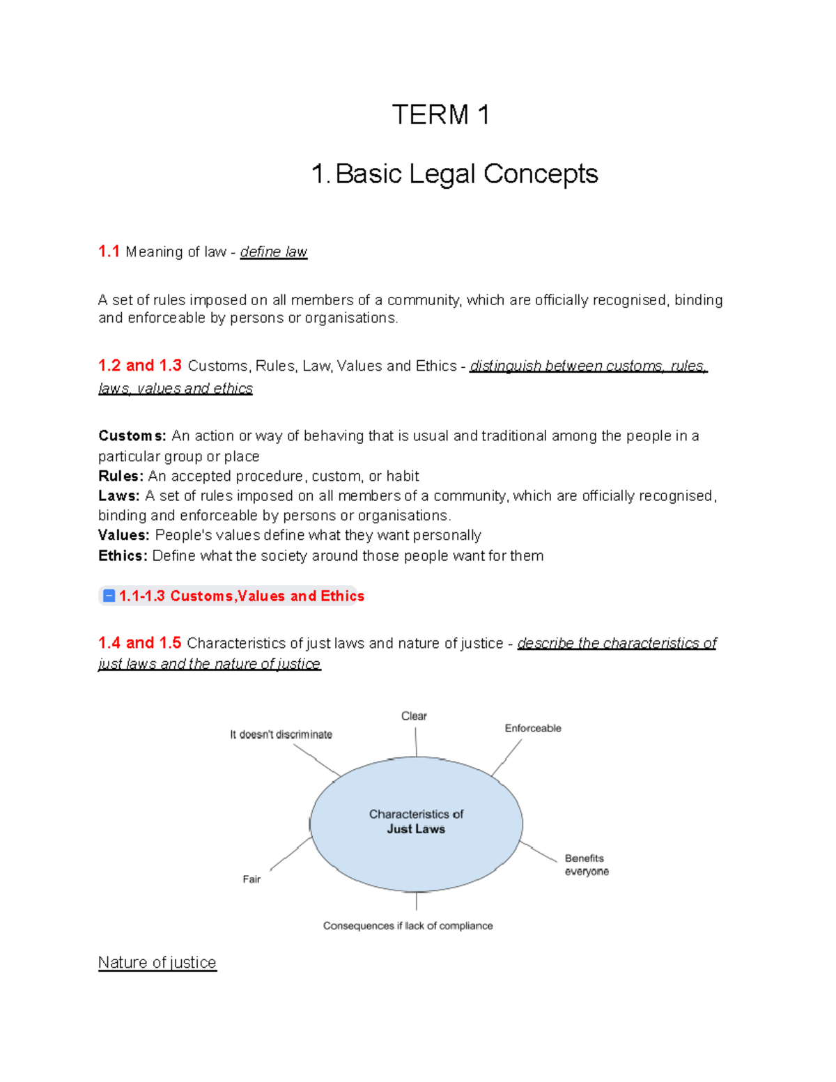 Legal Syllabus Notes - TERM 1 1 Legal Concepts 1 Meaning of law ...
