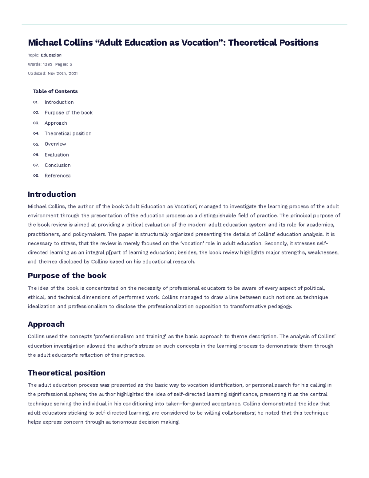 Michael Collins "Adult Education as Vocation"- Theoretical Positions ...
