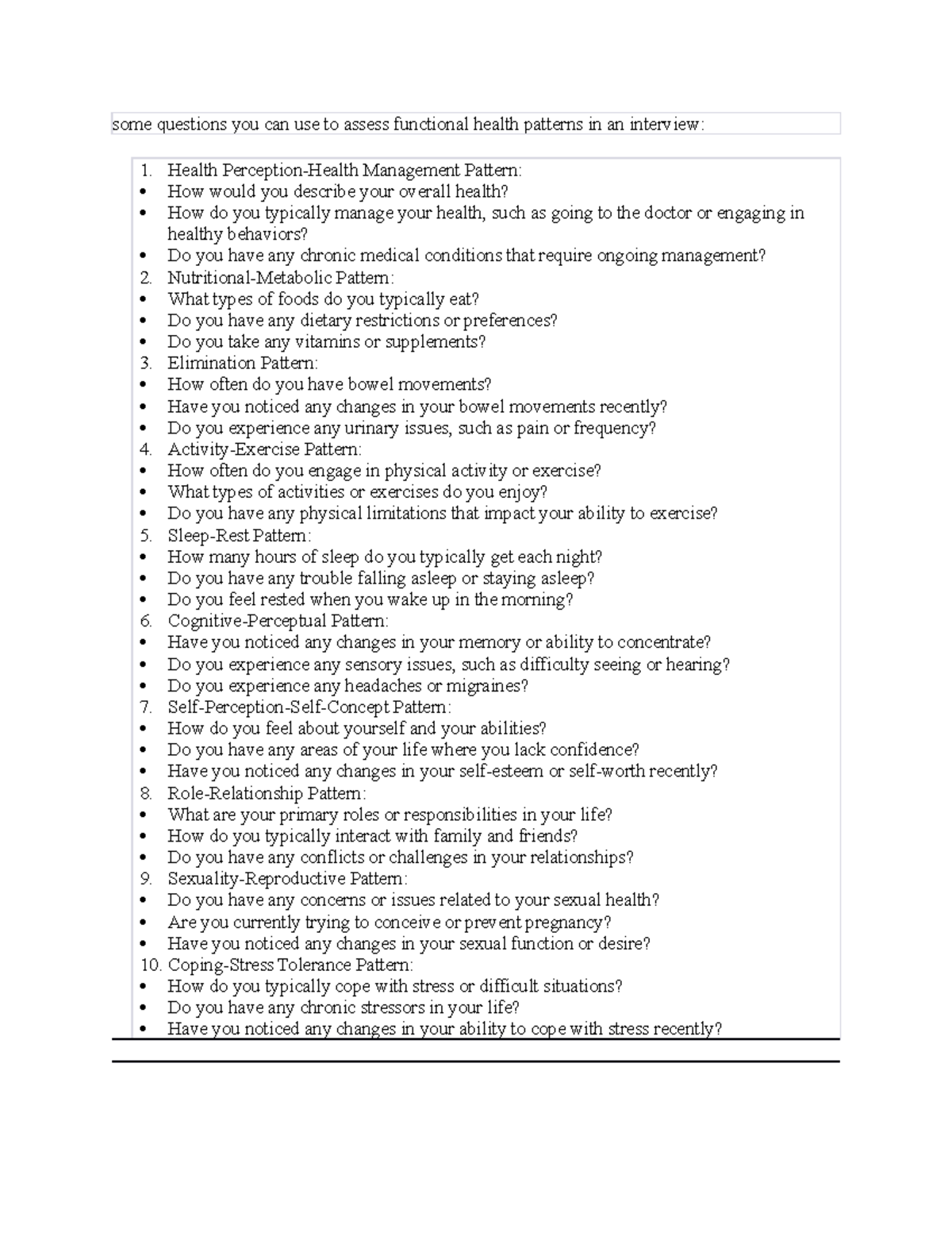 Family Health Assessment Part 1 Some Questions You Can Use To Assess
