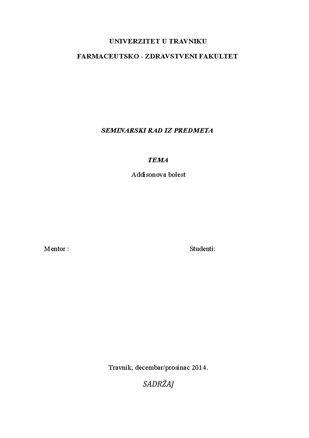 Adissonova bolest - Grade: 8 - UNIVERZITET U TRAVNIKU FARMACEUTSKO ...