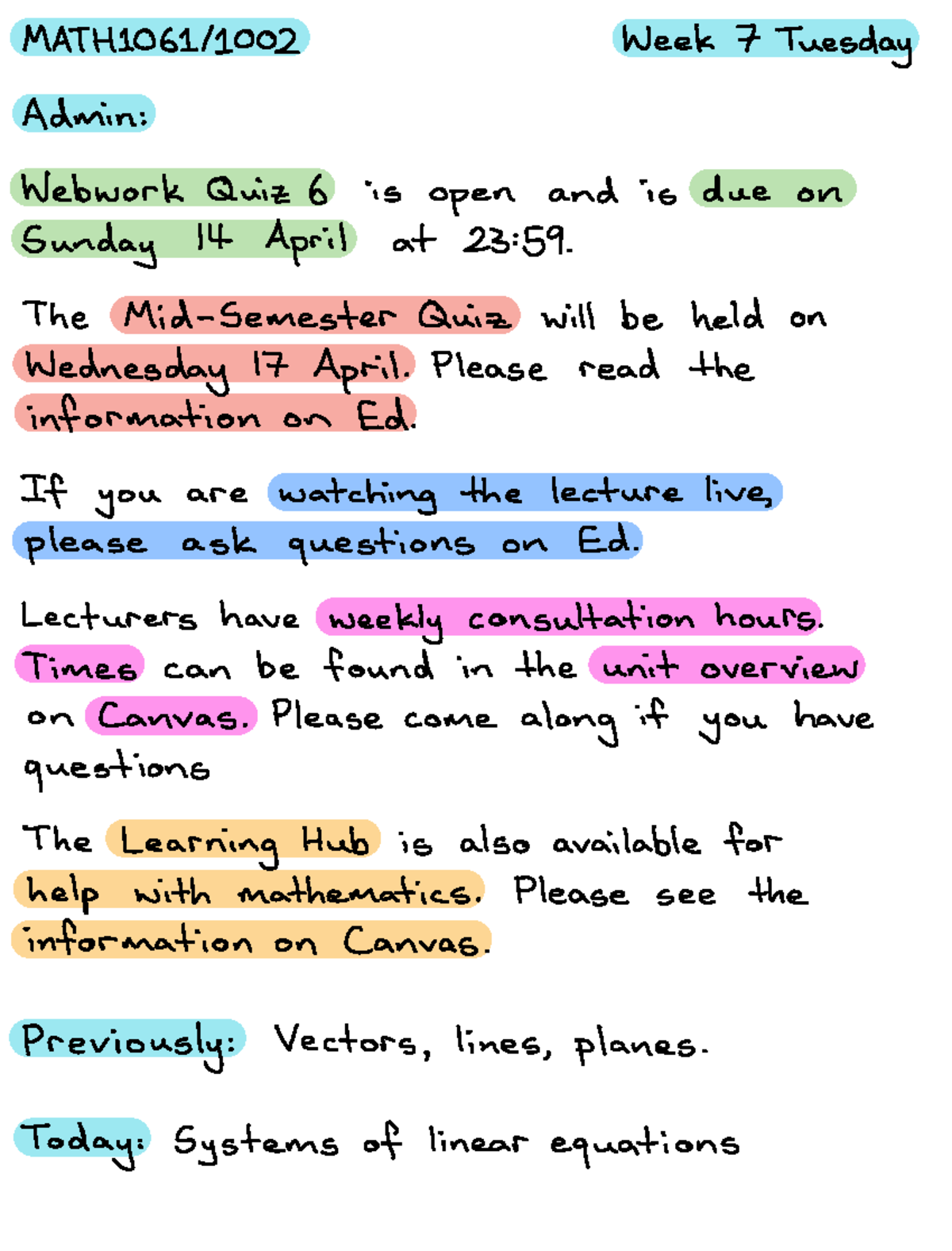 MATH1061 LA Lecture 7 1 - Week 7 Tuesday Admin: Webwork Quiz 6 is open ...