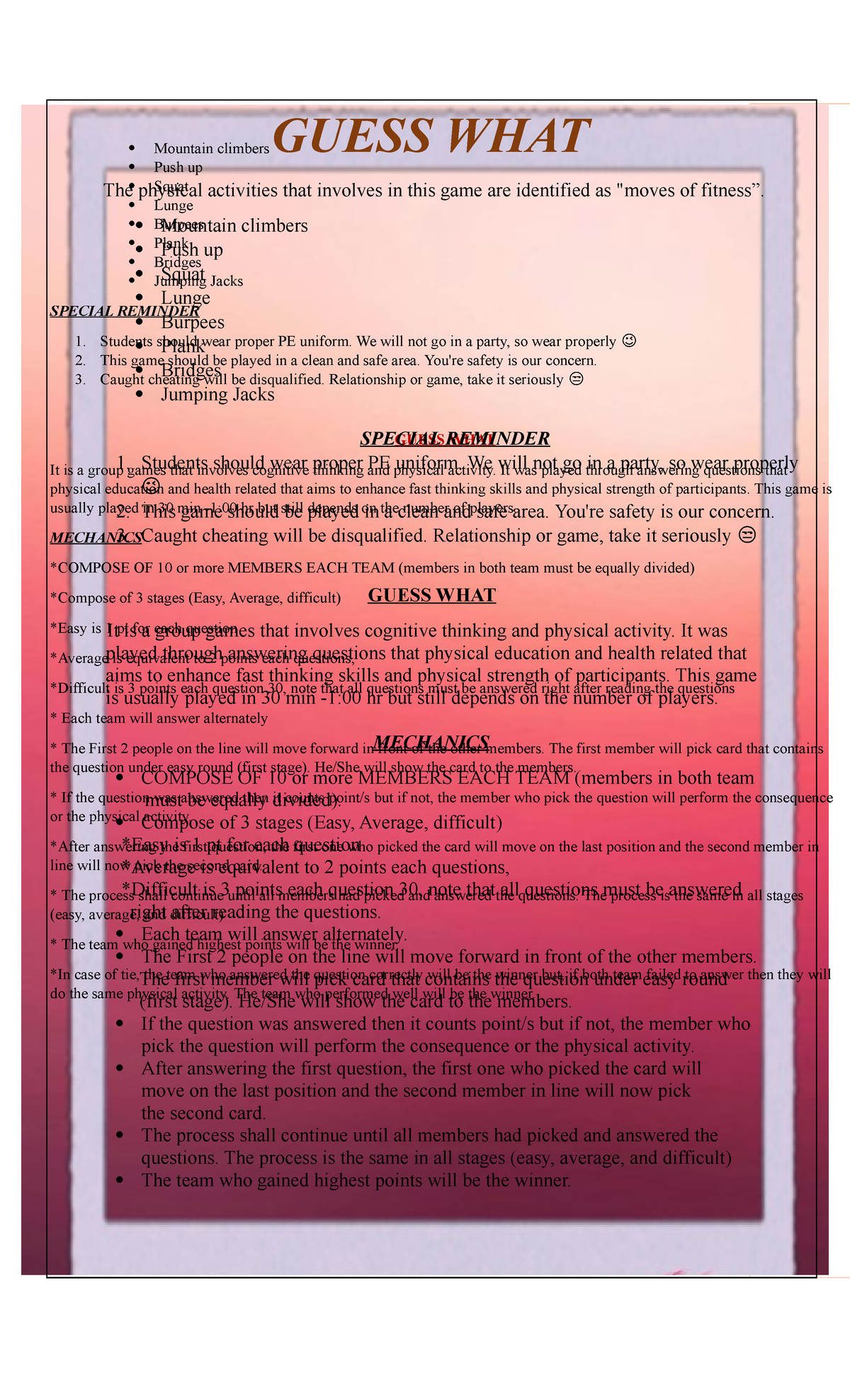 Mechanics - hzhzh - Mountain climbers Push up Squat Lunge Burpees Plank ...