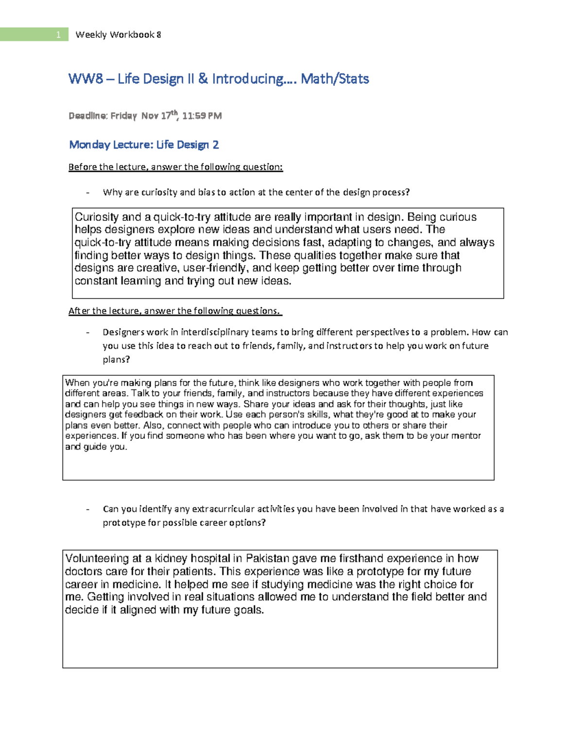 WW8 - solved - maooo - 1 Weekly Workbook 8 WW 8 – Life Design II ...
