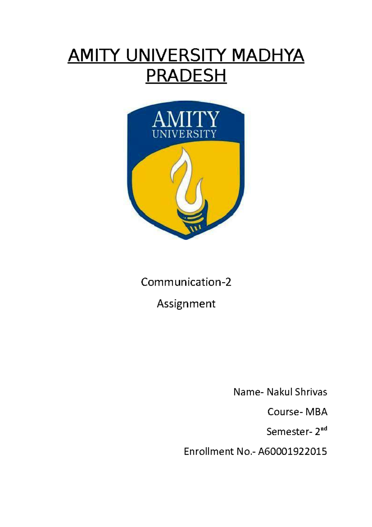 Assignment of Communication - AMITY UNIVERSITY MADHYA PRADESH ...