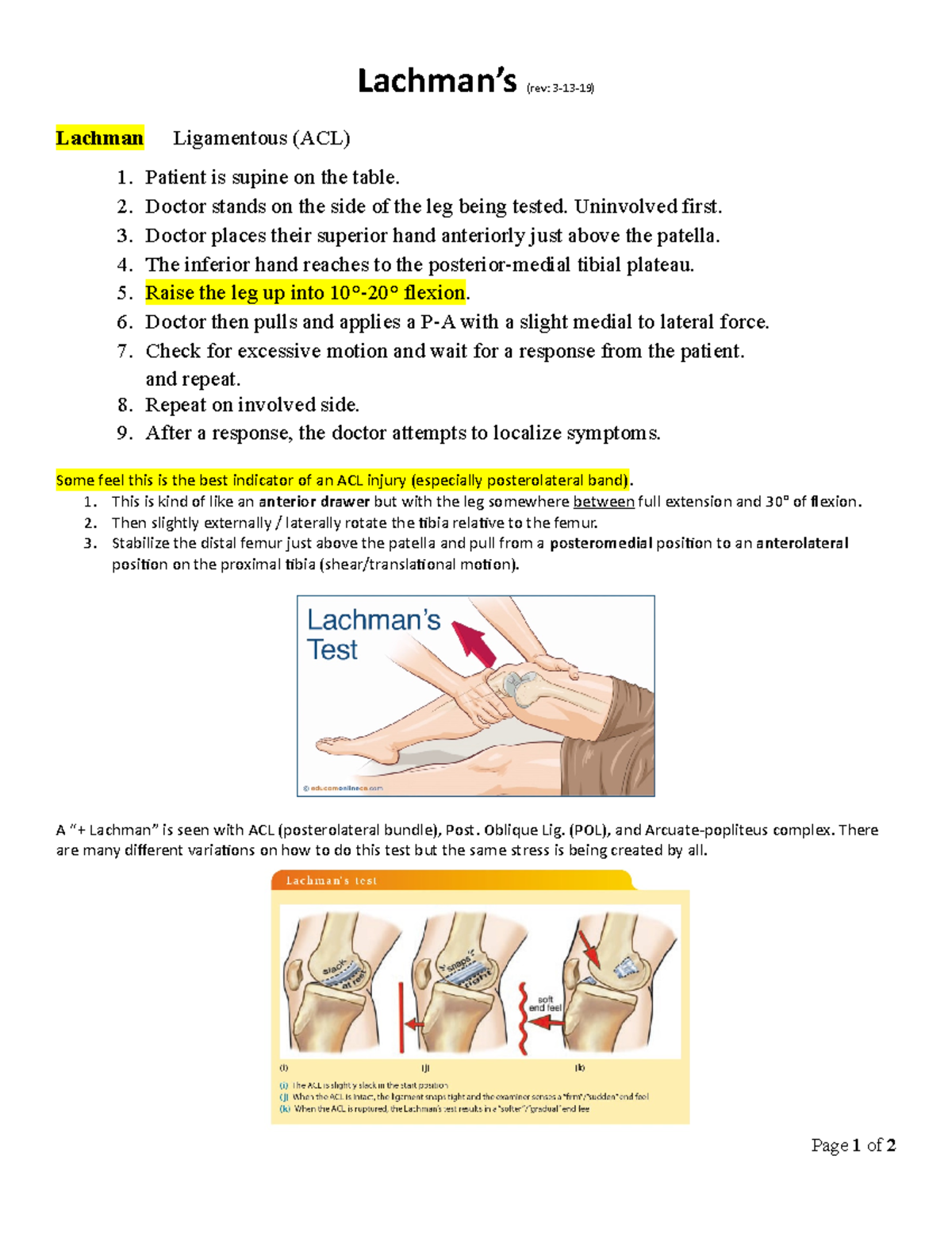 6. Lachman - hip notes - Lachman’s (rev: 3-13-19) Lachman Ligamentous ...