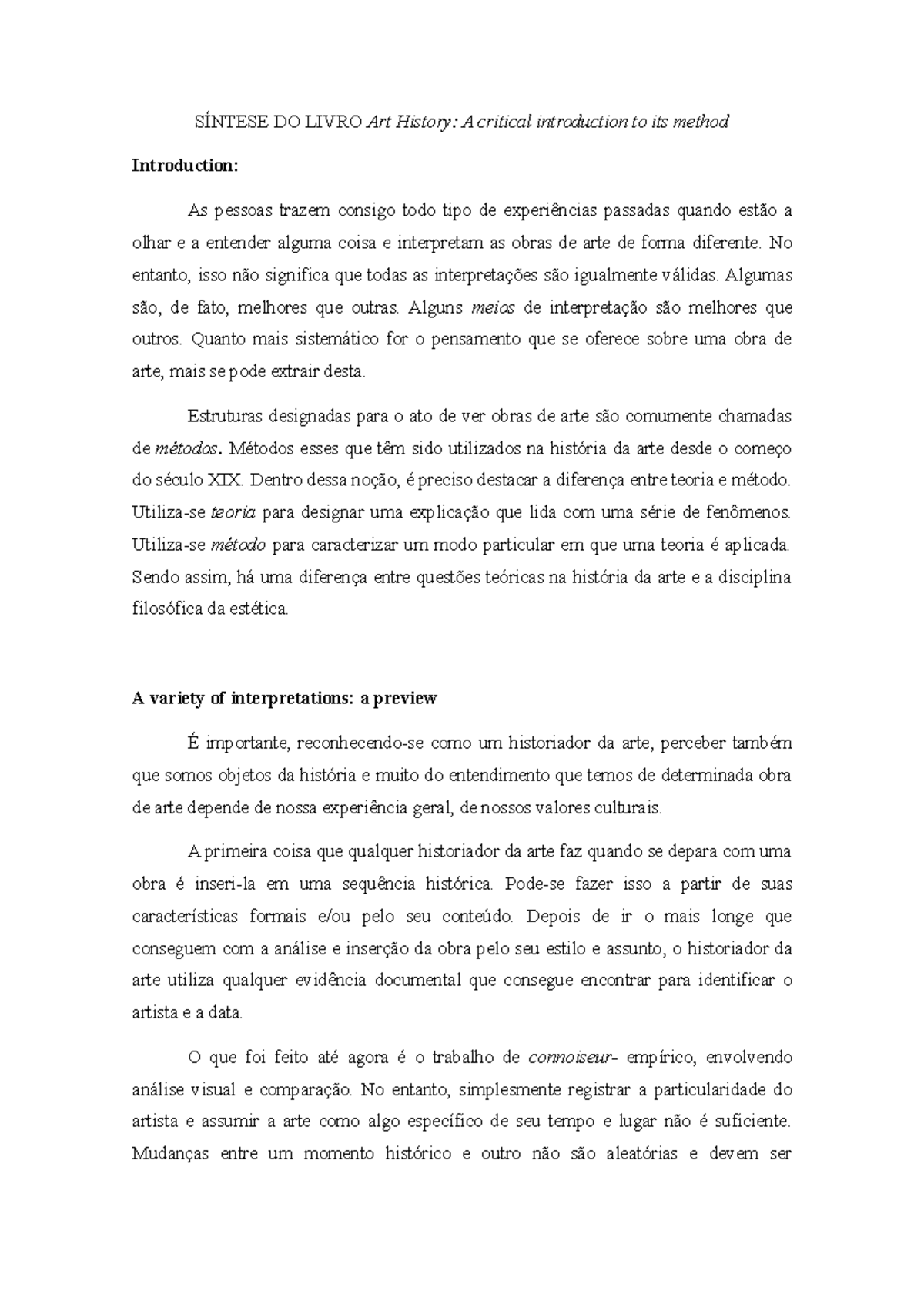 Síntese do livro ART History - SÍNTESE DO LIVRO Art History: A critical ...