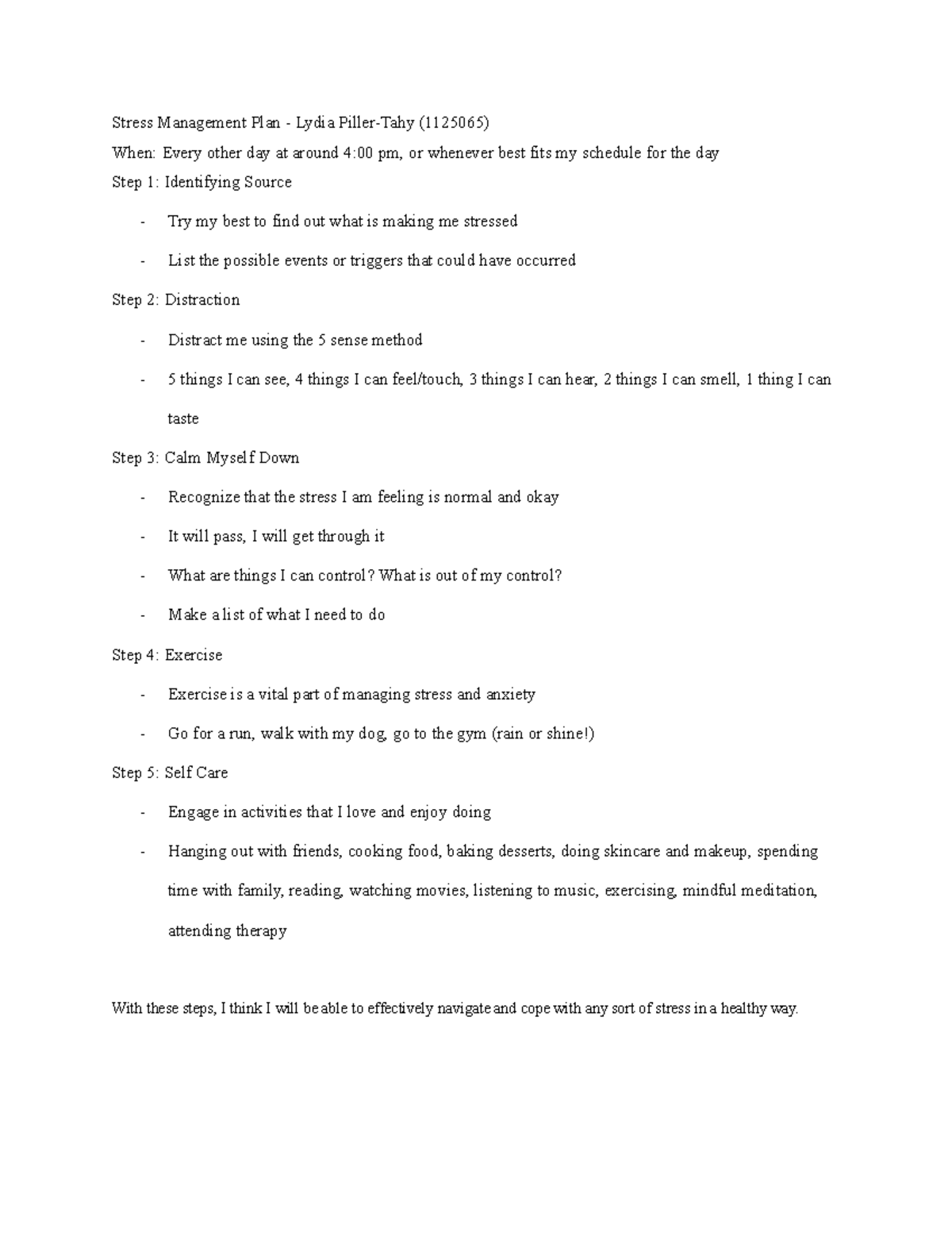 Minor Assignment #9 - Stress Management Plan - Stress Management Plan ...