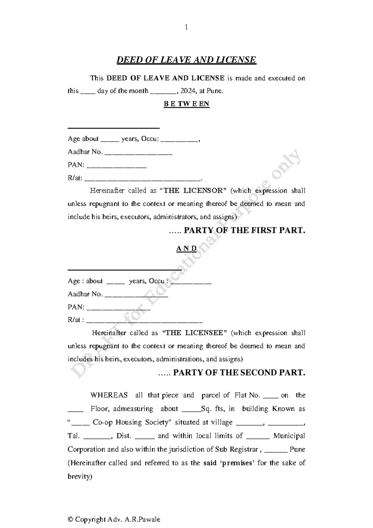 DEED OF Leave AND License - DEED OF LEAVE AND LICENSE This DEED OF ...