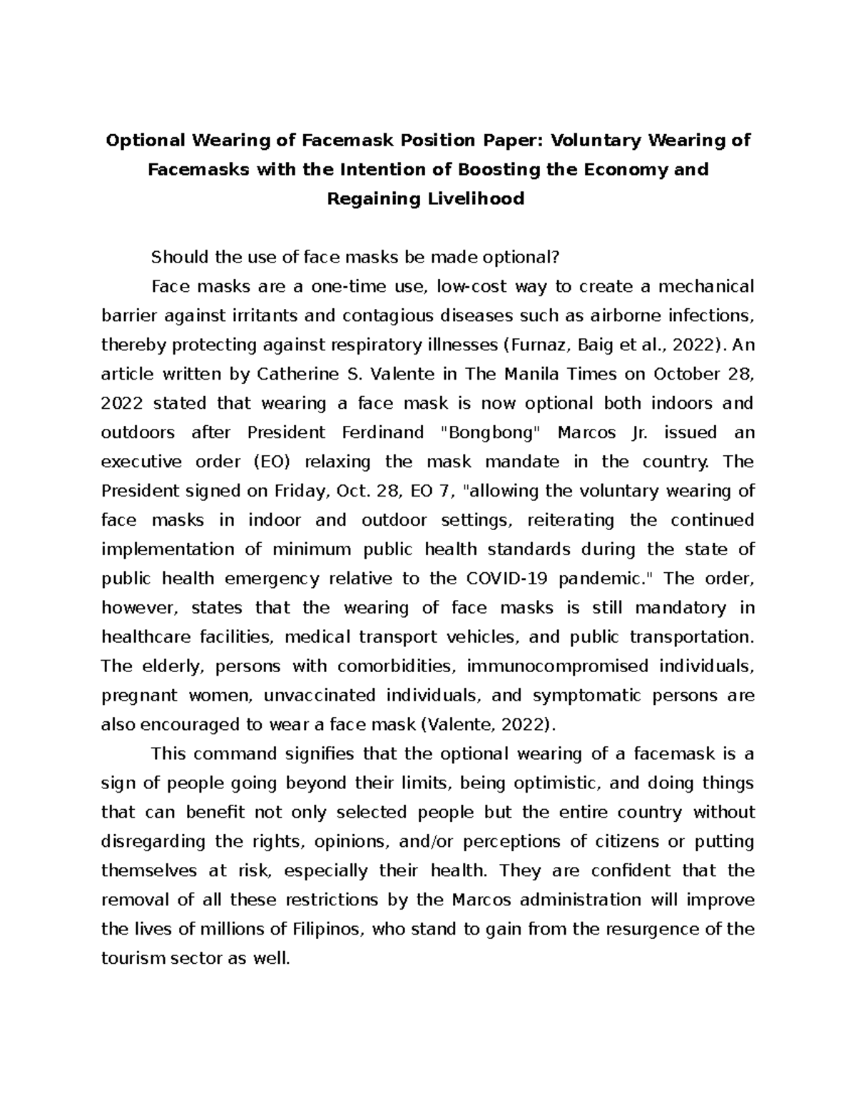 Position Paper IN Purposive Communication - Optional Wearing of ...