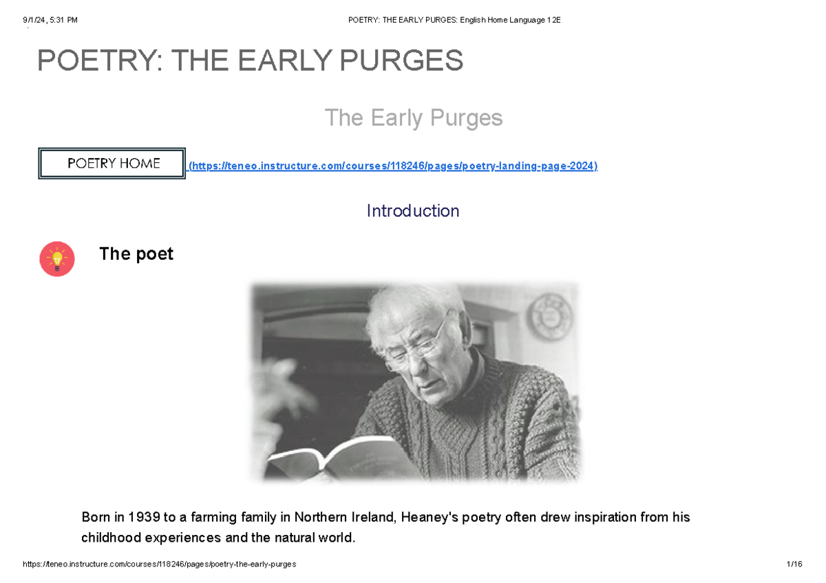 Poetry THE Early Purges English Home Language 12E - POETRY: THE EARLY ...