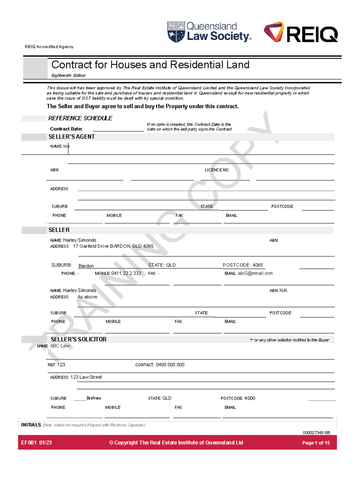 REIQ Standard Contract - ####### TRAINING COPY SELLER Contract for Houses and Residential Land ...