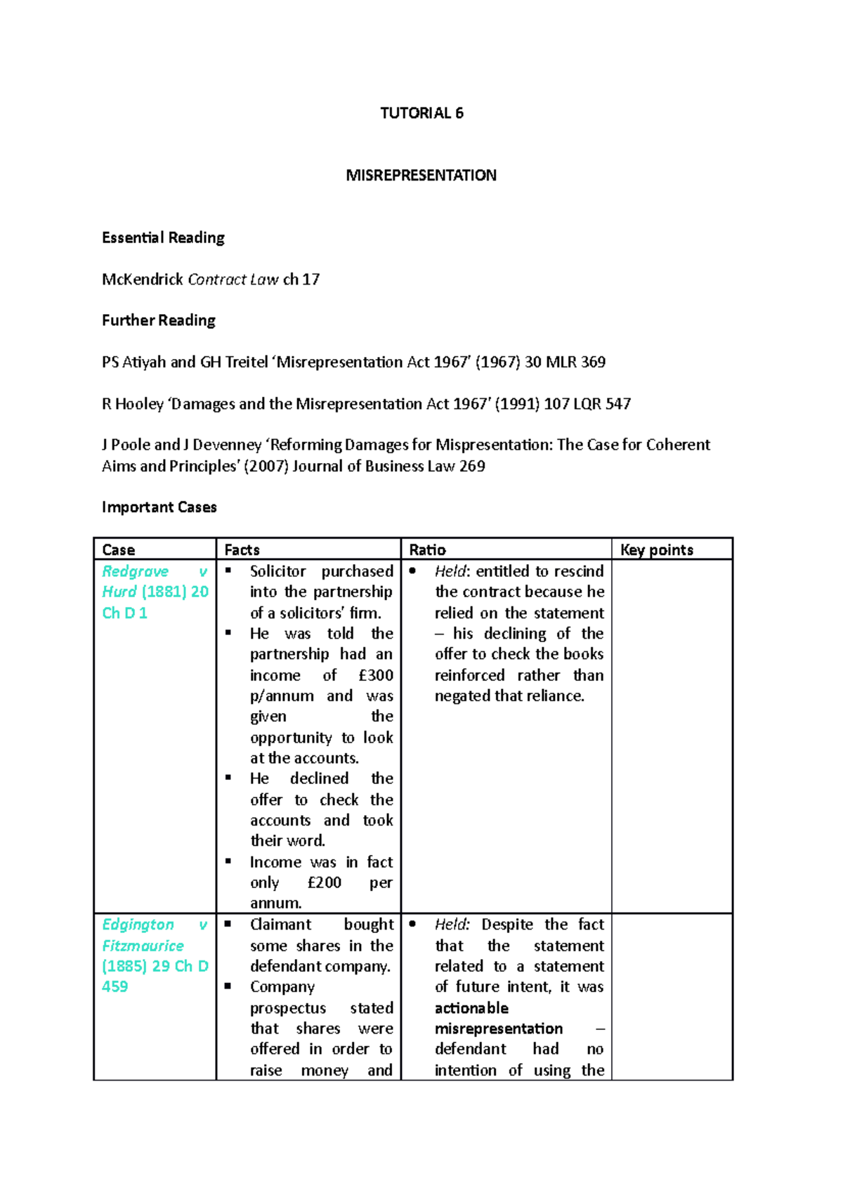 T6- Misrepresentation - TUTORIAL 6 MISREPRESENTATION Essential Reading McKendrick Contract Law ...