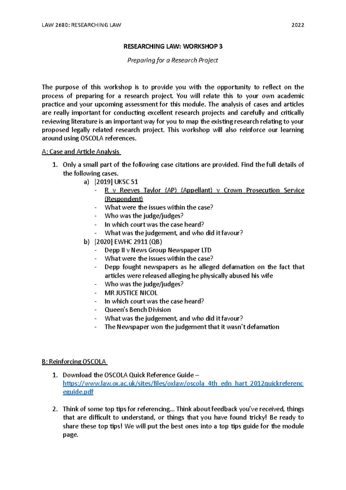 Workshop 3 - Preparing for a Research Project - LAW 2680: RESEARCHING ...