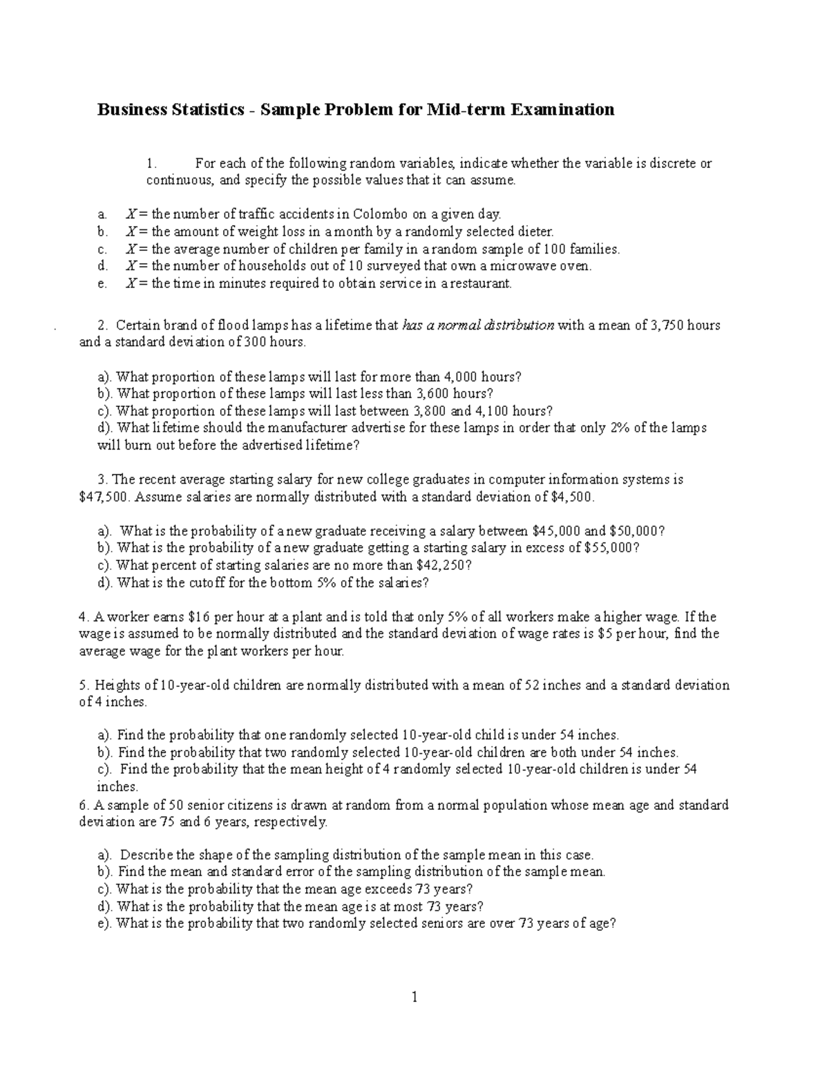 Midterm practice question set I 2022 - Business Statistics - Sample Problem for Mid-term ...