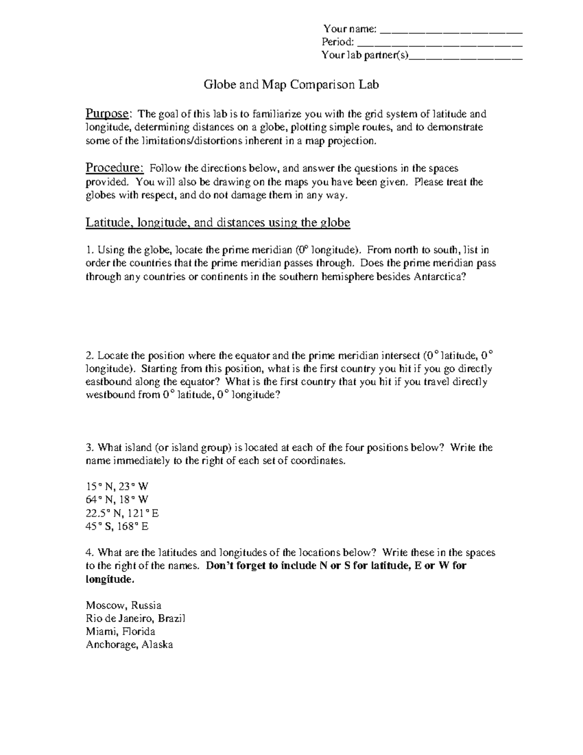 Map vs Globe Lab - This is worksheet from class - Your name ...
