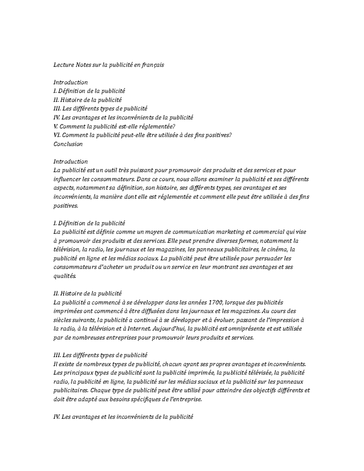 Advertising Notes de cours - Lecture Notes sur la publicité en français ...