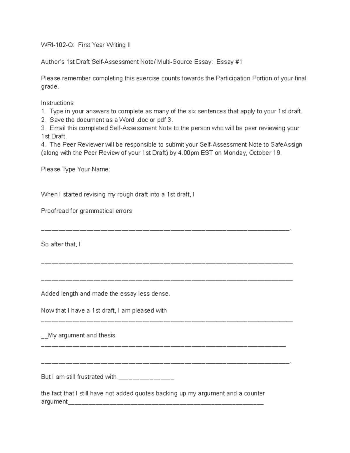 Peer review - WRI-102-Q: First Year Writing II Author’s 1st Draft Self ...