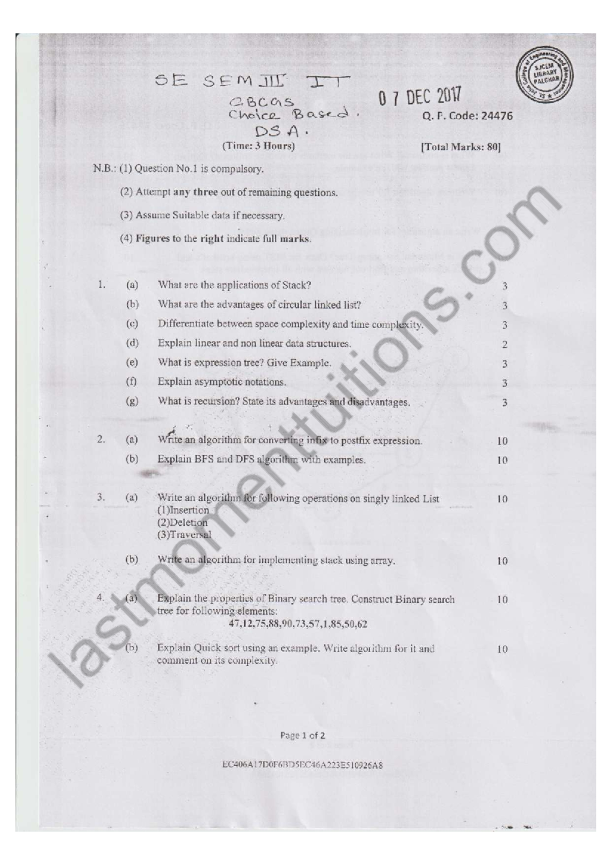 DSA-Nov-2017 - pyq - DataBase Managemet System - Studocu