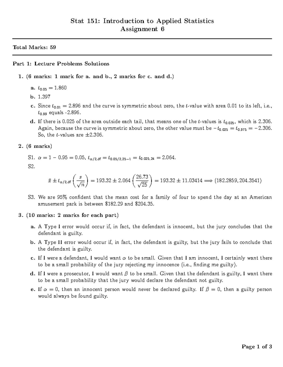 Stat151 Assignment 6 Solutions Stat 151 Introduction To Applied Statistics Assignment 6 Total