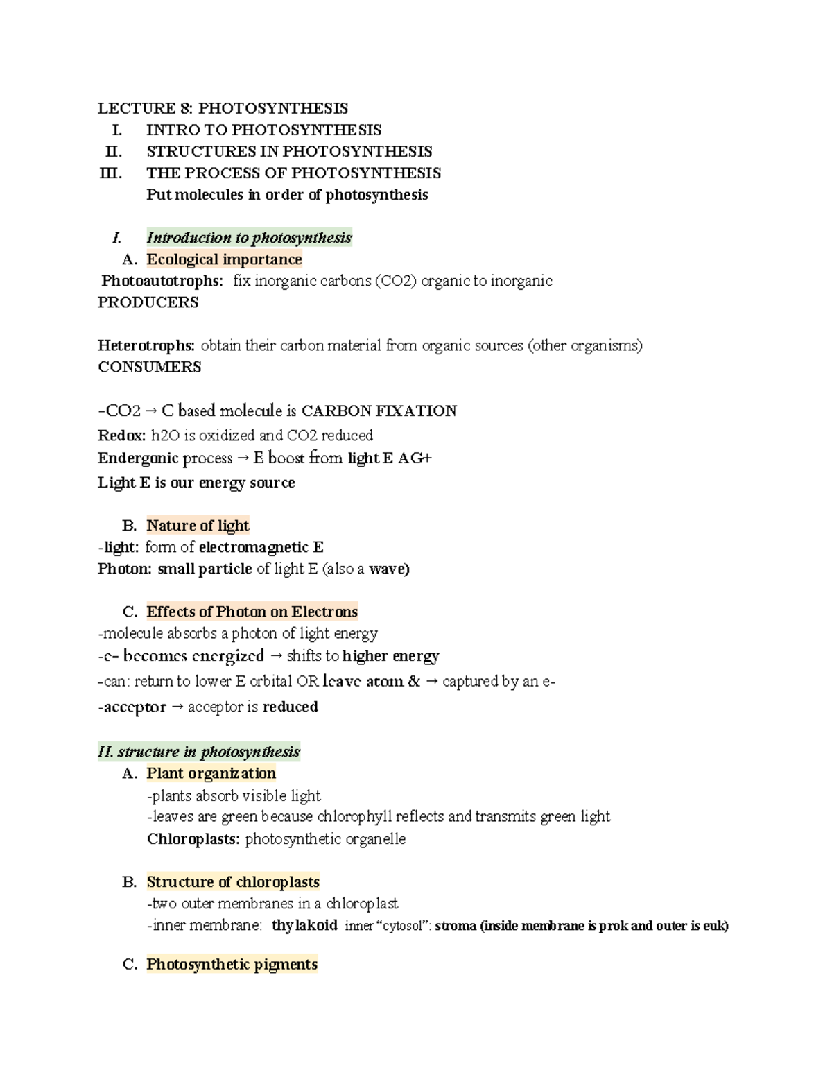 Topic 8 Photosynthesis - LECTURE 8: PHOTOSYNTHESIS I. INTRO TO ...