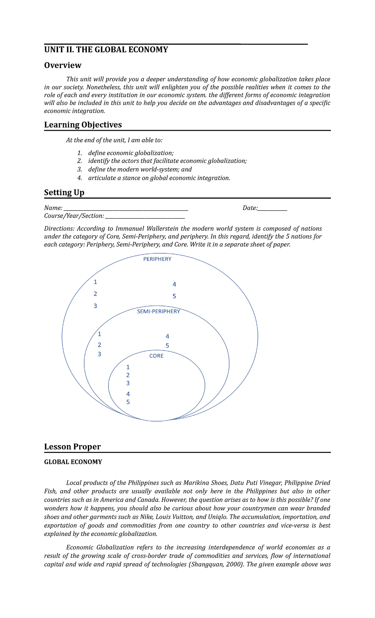 UNIT II THE Global Economy - UNIT II. THE GLOBAL ECONOMY Overview This ...